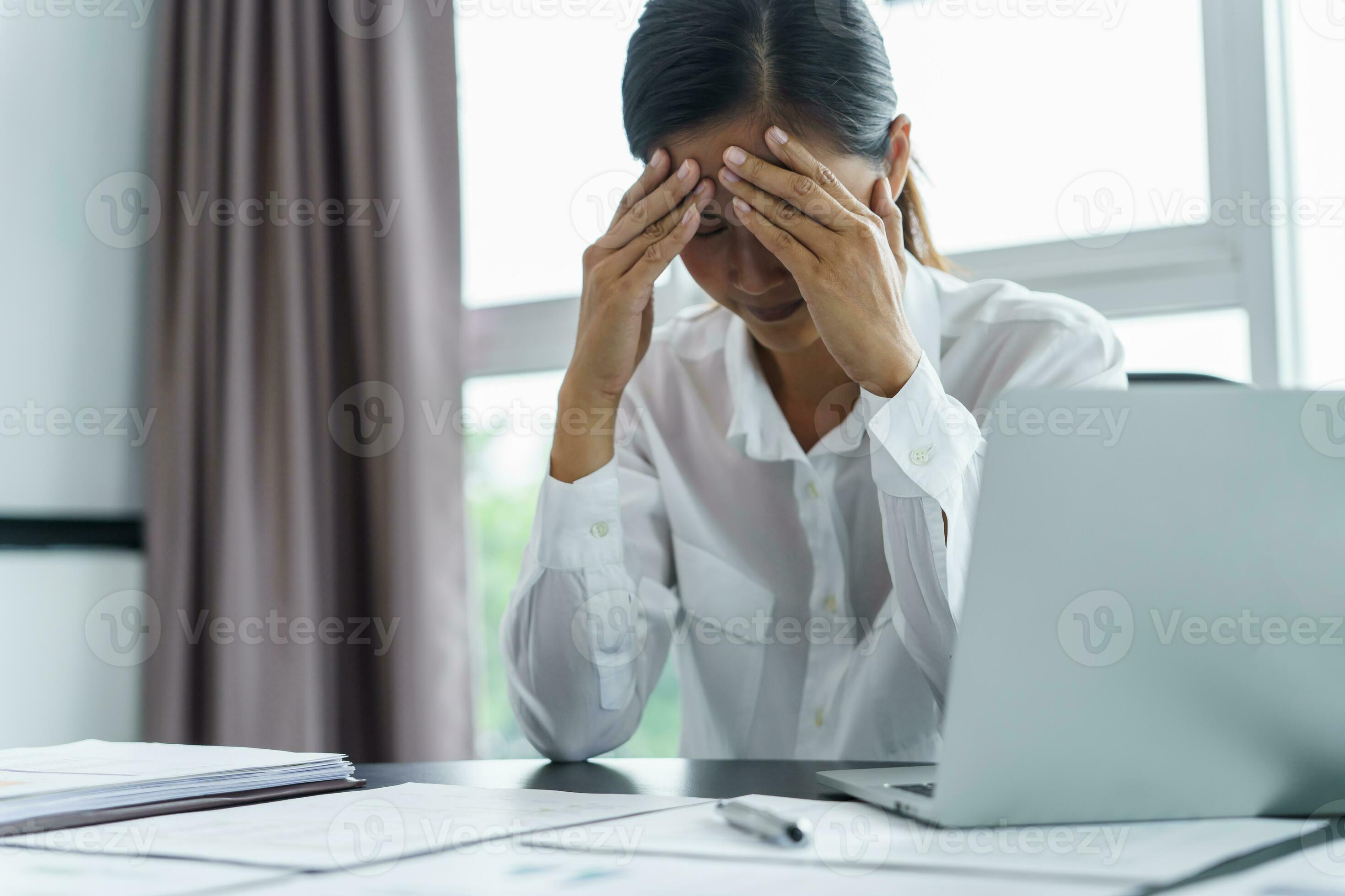 Burnout concept. Asian Business woman touching forehead having headache ...
