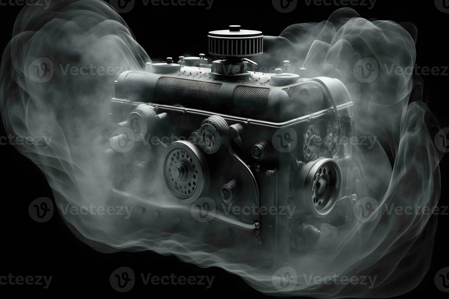 Modern car engine on deep solid black background. Neural network ... Modern car engine on deep solid black background. Neural network ...