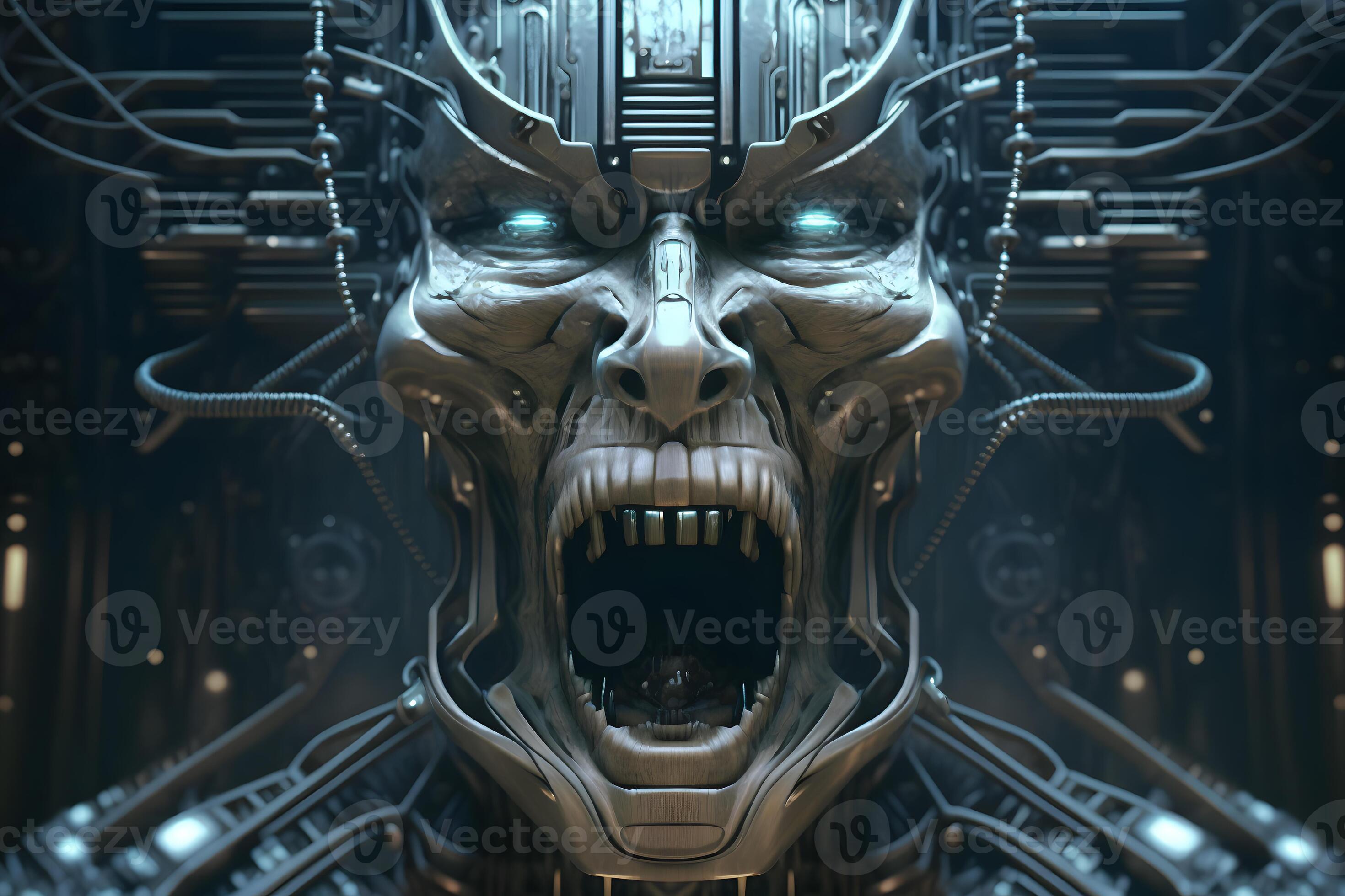 Dark Robotic Skeleton Science Fiction Screaming Robot Skull Connected To A Computer Core Neural
