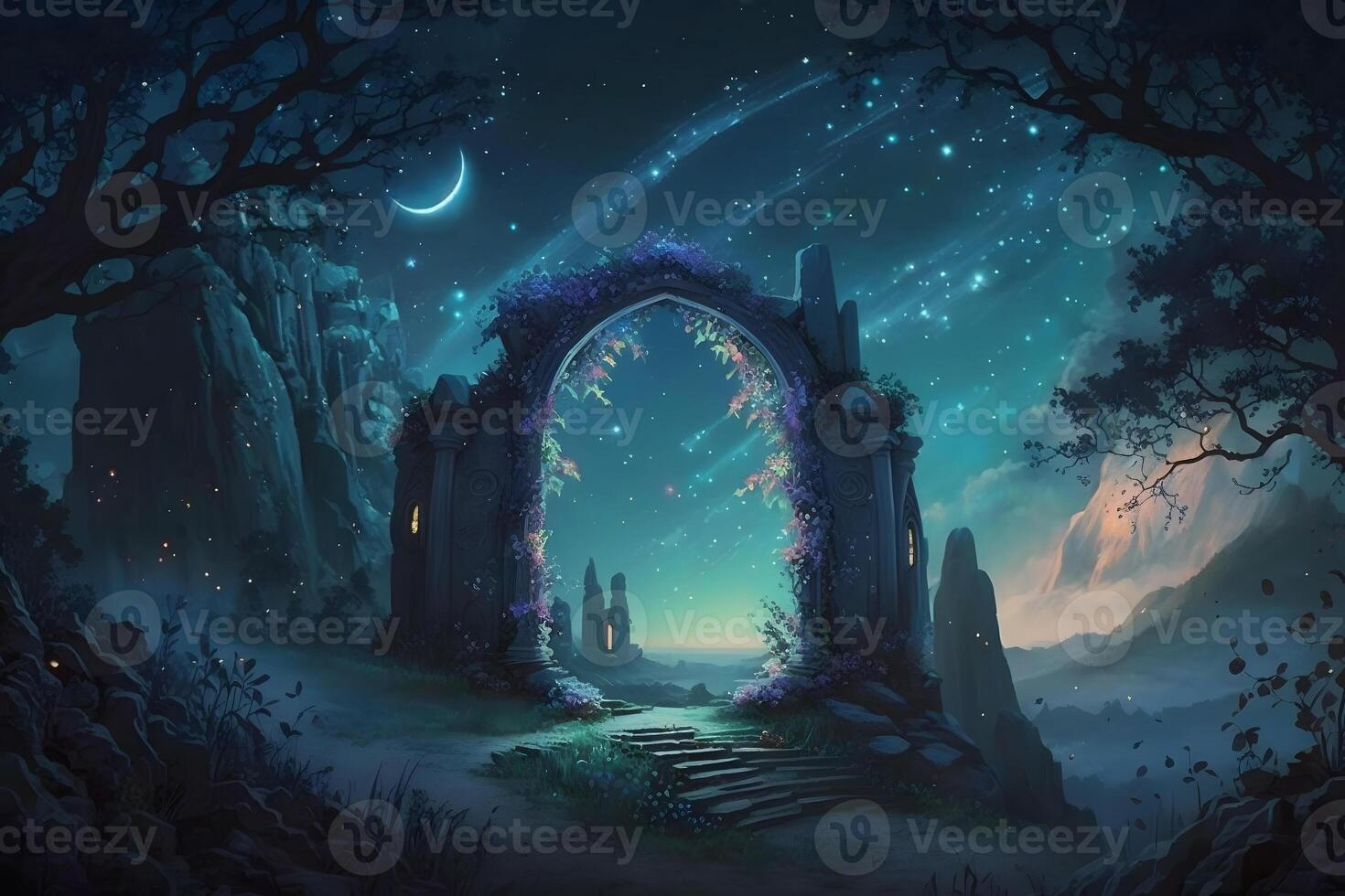 Magic fairy tale night fantasy landscape with girl silhouette. Neural ...