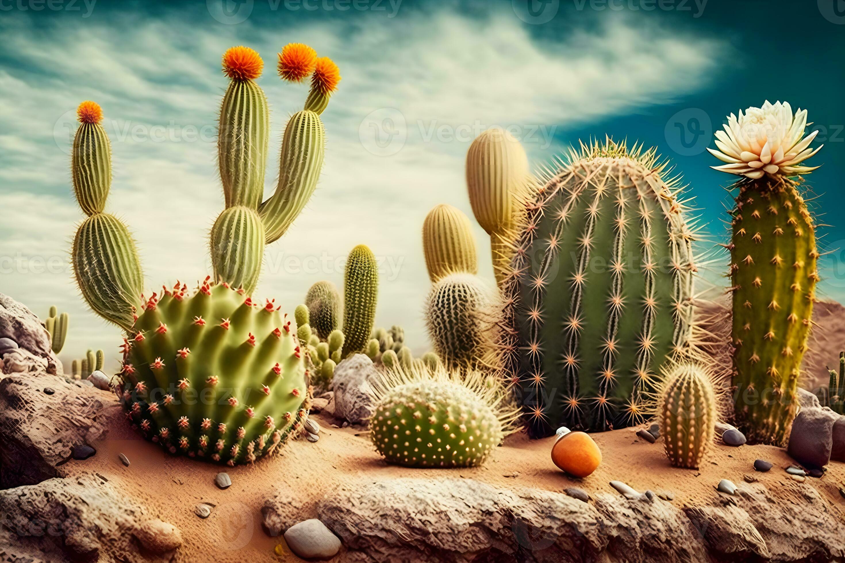 Desert Cacti Cactus blossom and Saguaros. Neural network AI generated 29613407 Stock Photo at ...