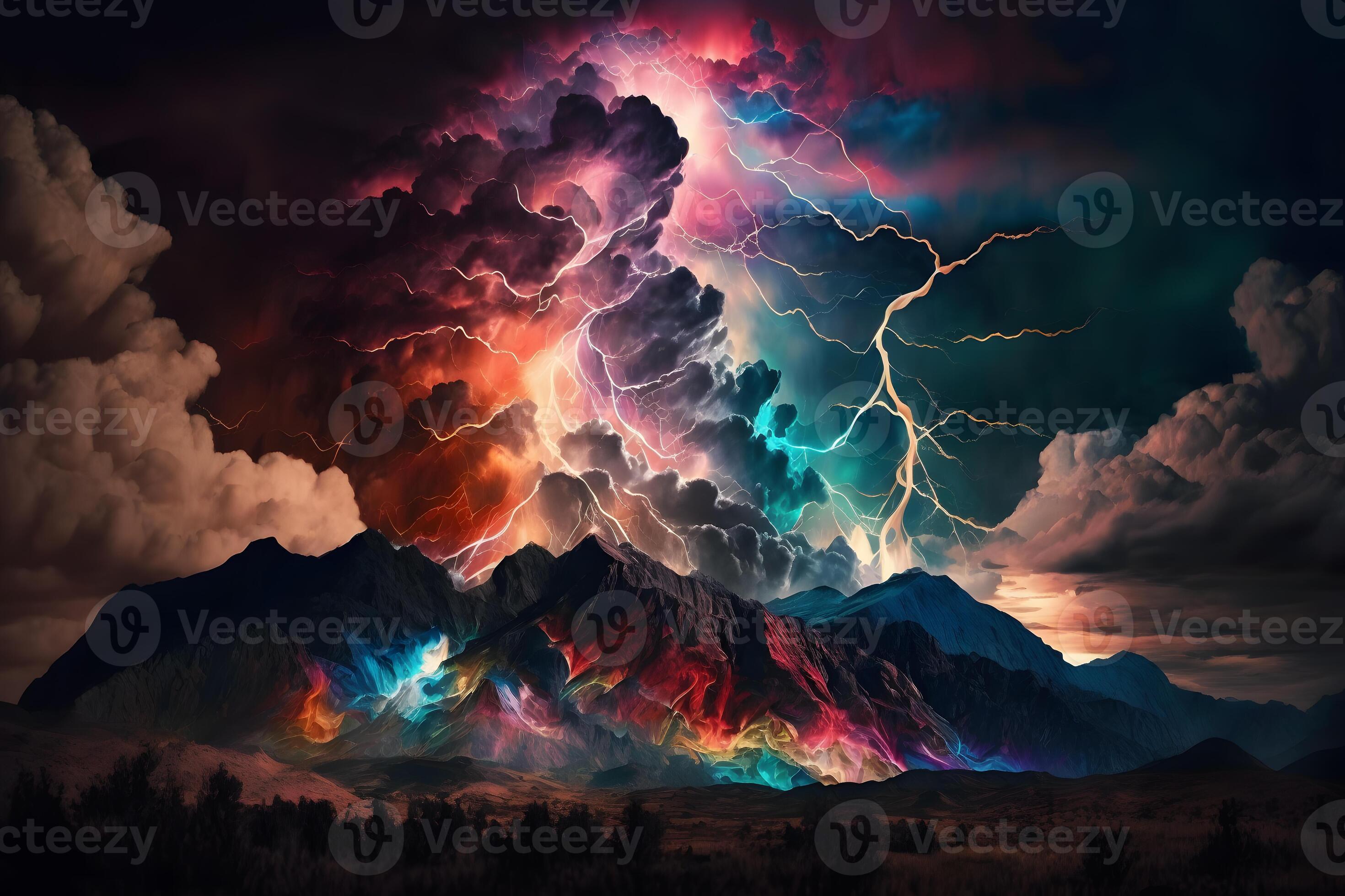 Lightning with colorful dramatic clouds. Neural network AI generated ... Lightning with colorful dramatic clouds. Neural network AI generated ...