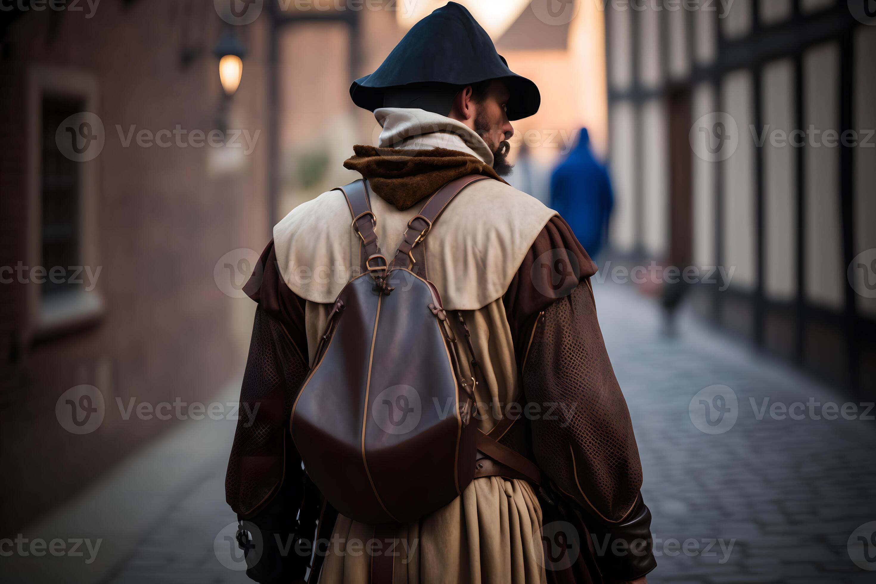 Medieval wanderer on the street of the old city. Neural network AI ...