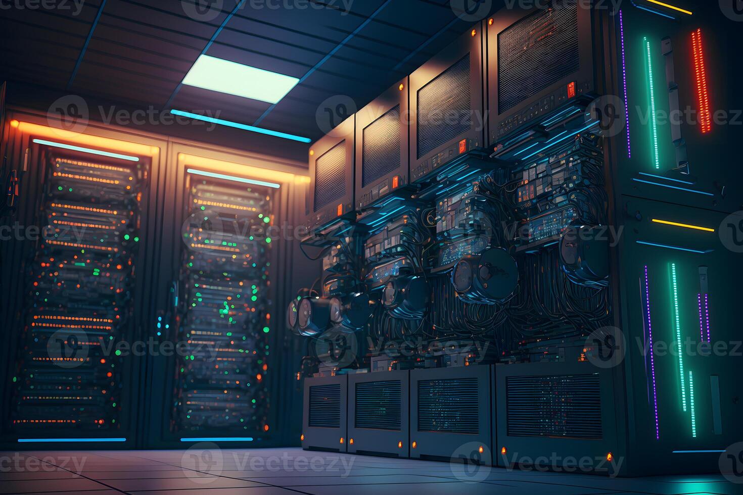 Server racks in computer network security server room data center. Neural network generated art ...