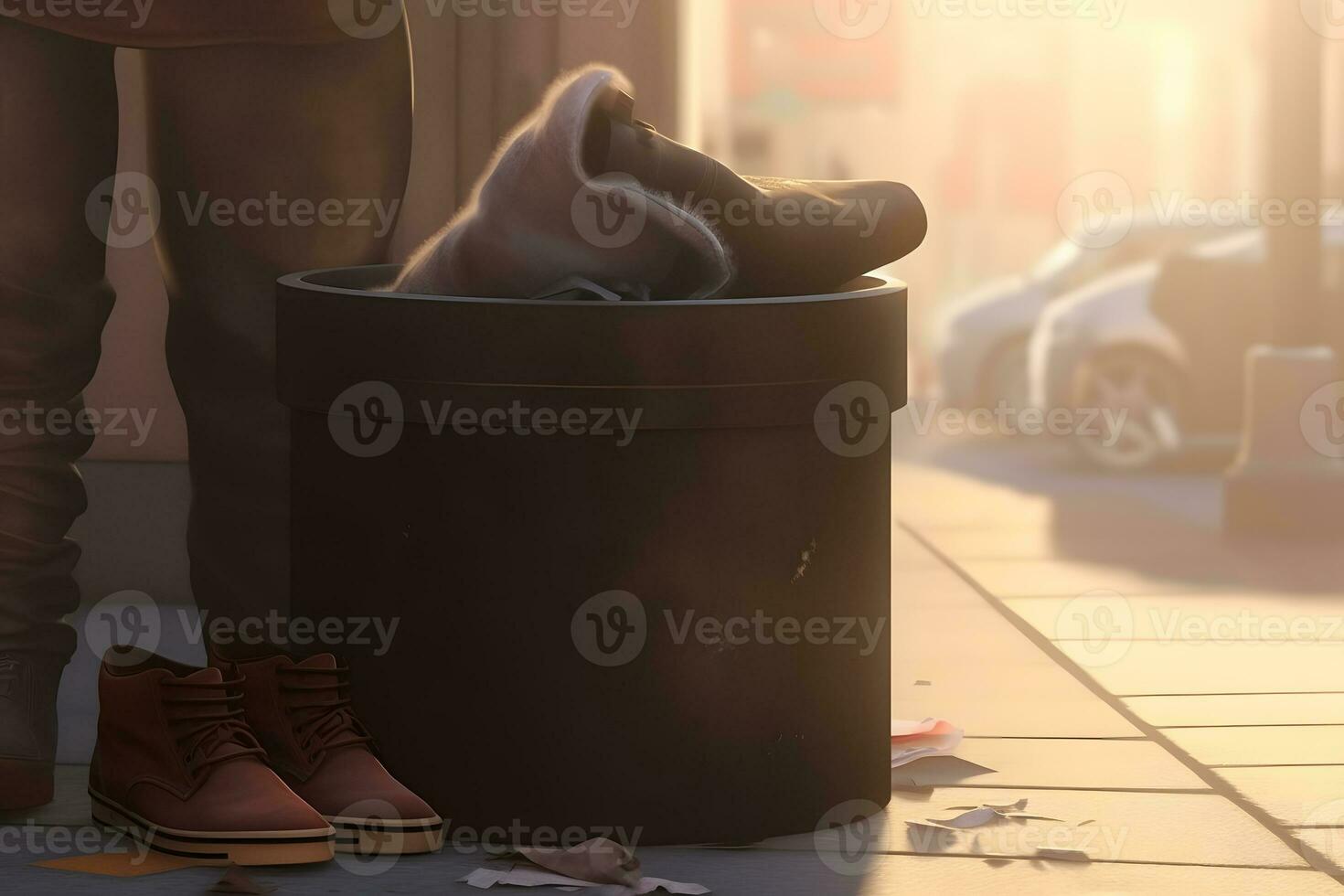 Garbage in urban city overflow the garbage dumpster can making pollution with clothes dumped in ...