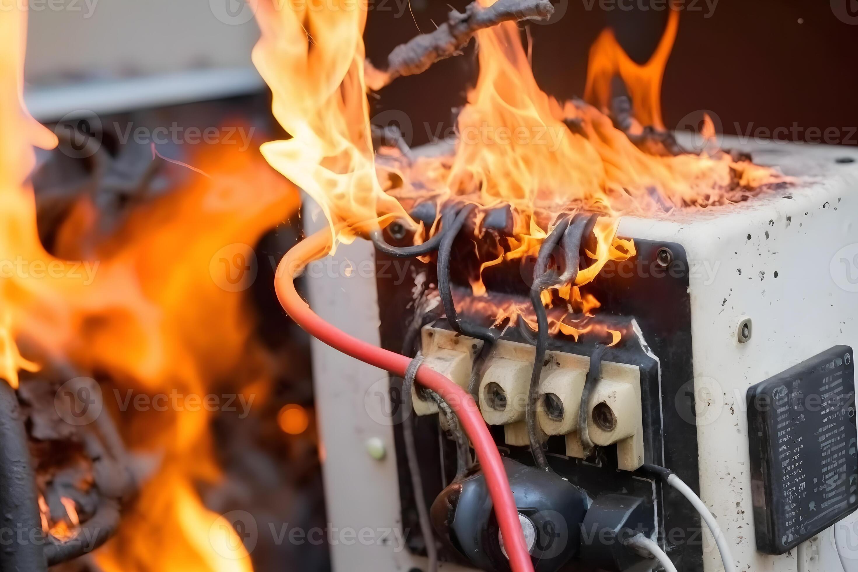 Burning switchboard from overload or short circuit on wall. Circuit breakers on fire and smoke ...