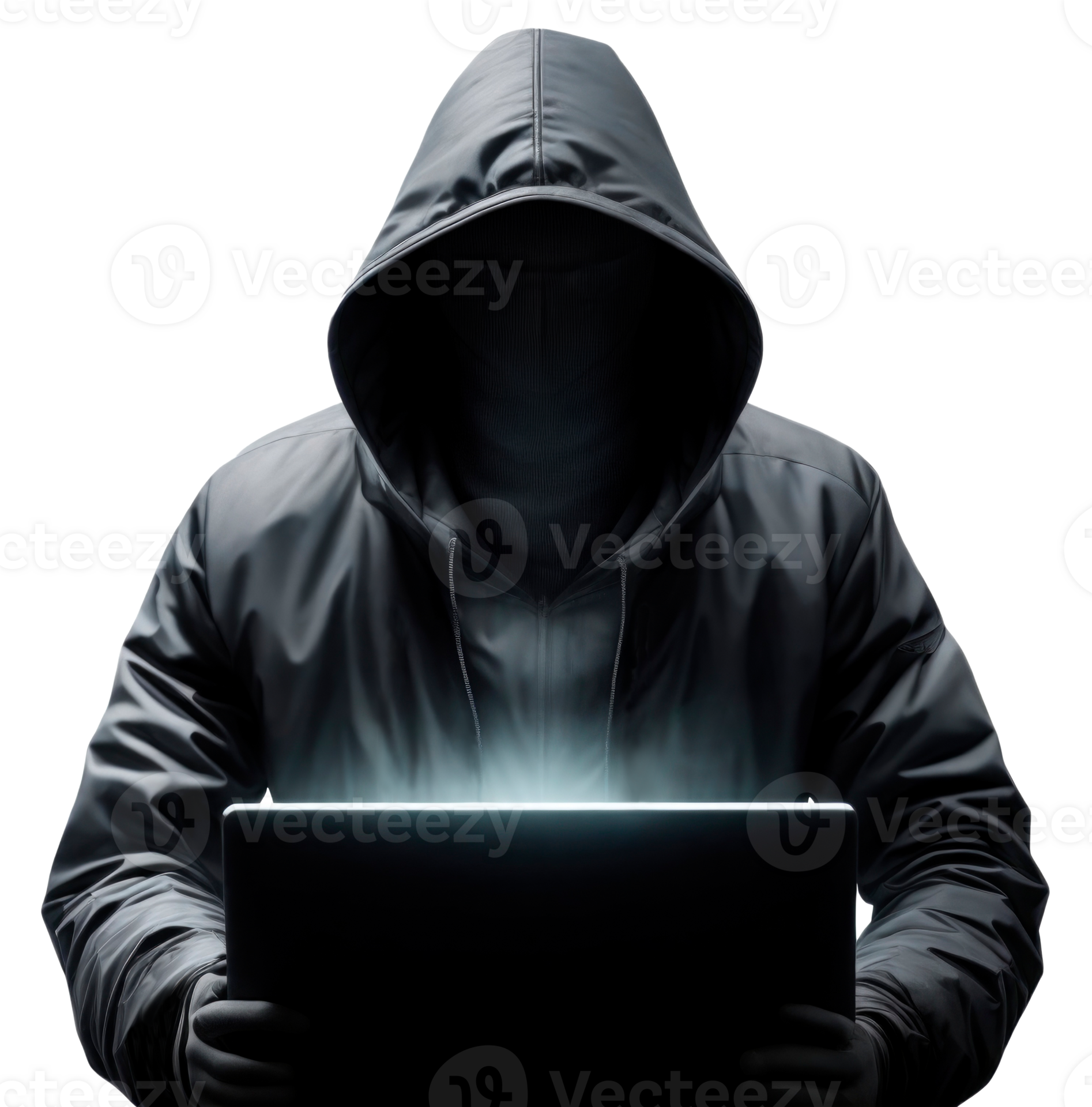 Hacker with laptop hacking computer system isolated on transparent ...