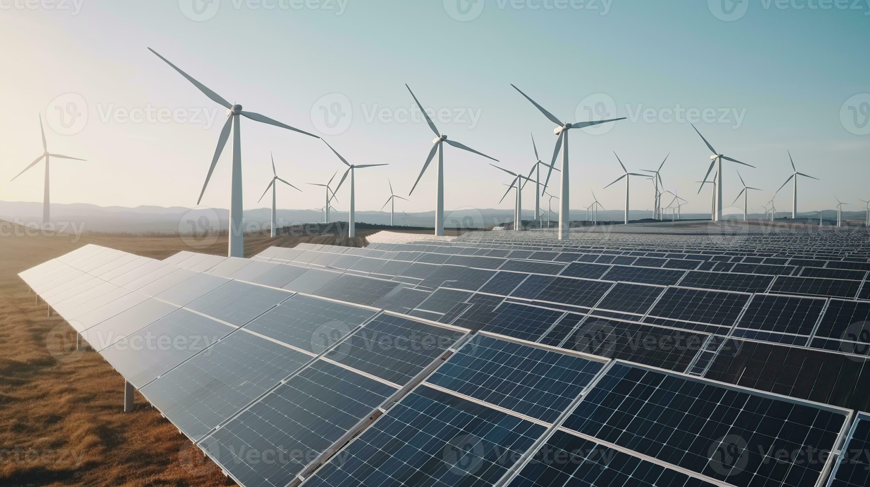 Solar panels wind turbines installed as renewable energy sources for electricity and power ...