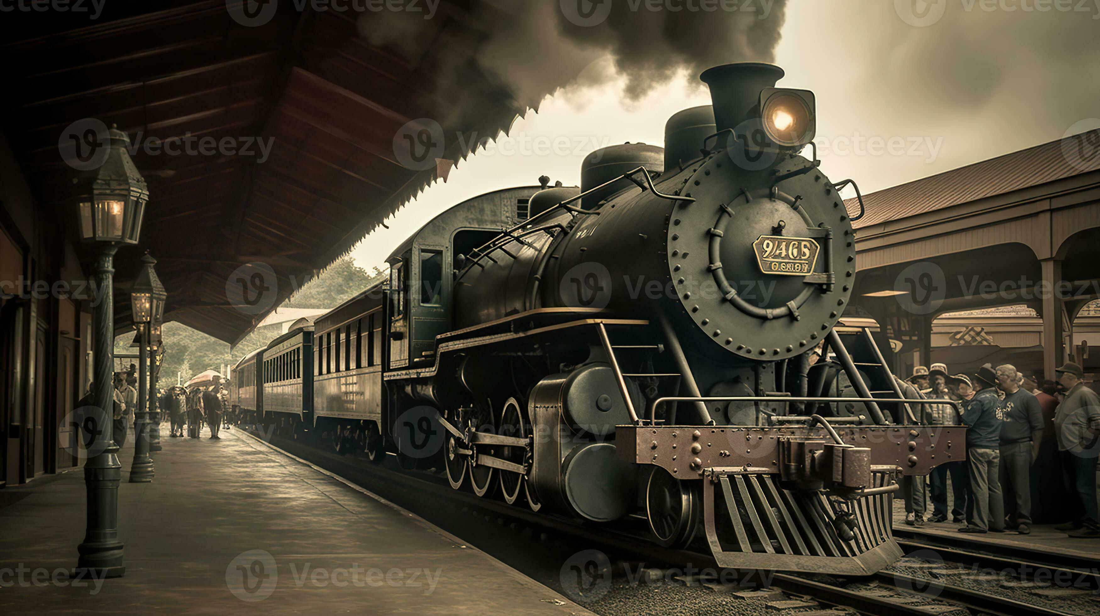 Vintage train station, with billowing steam, excited passengers, and a sense of adventure and ...