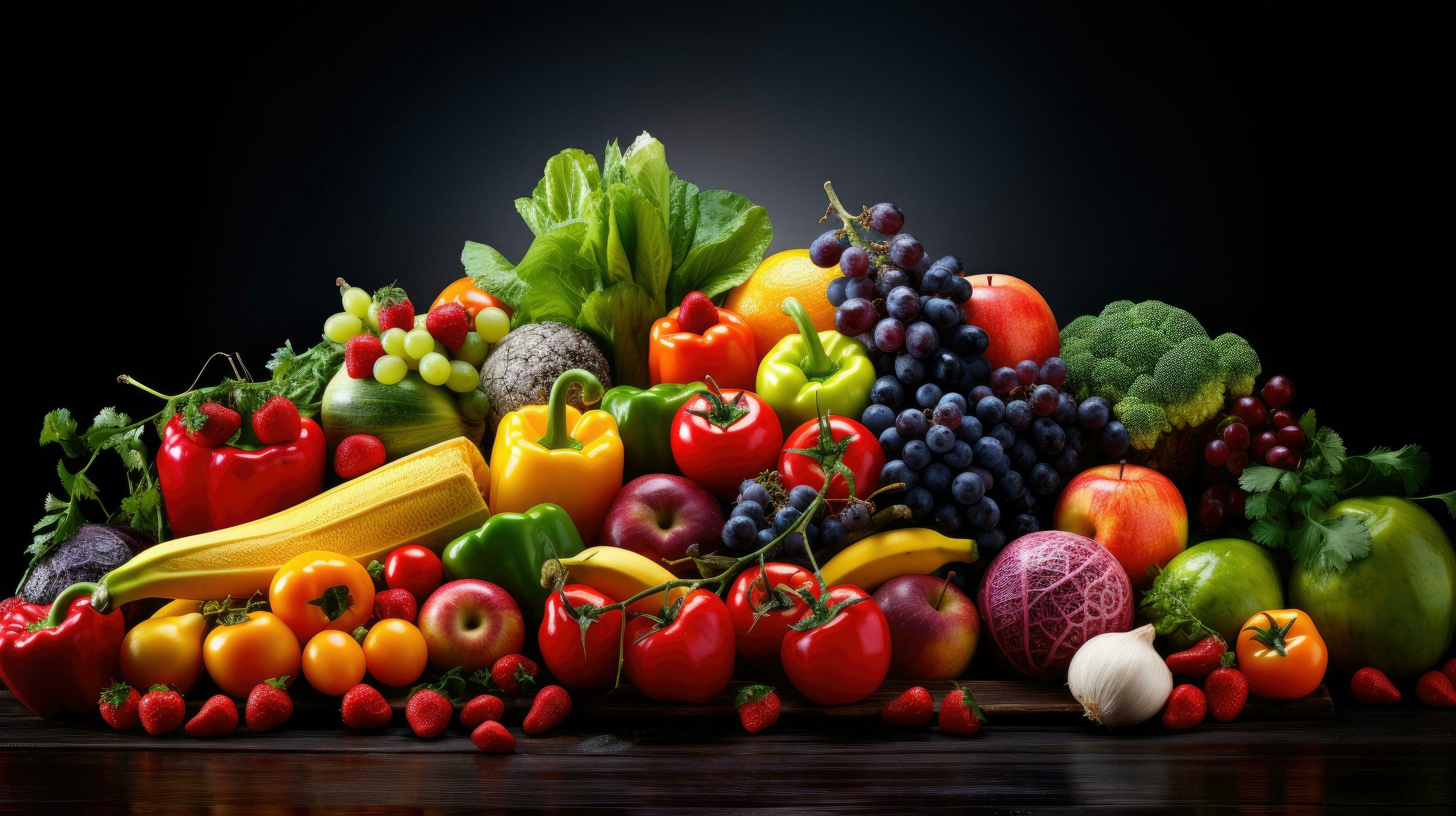 Studio shot of various fruits and vegetables isolated on black ...