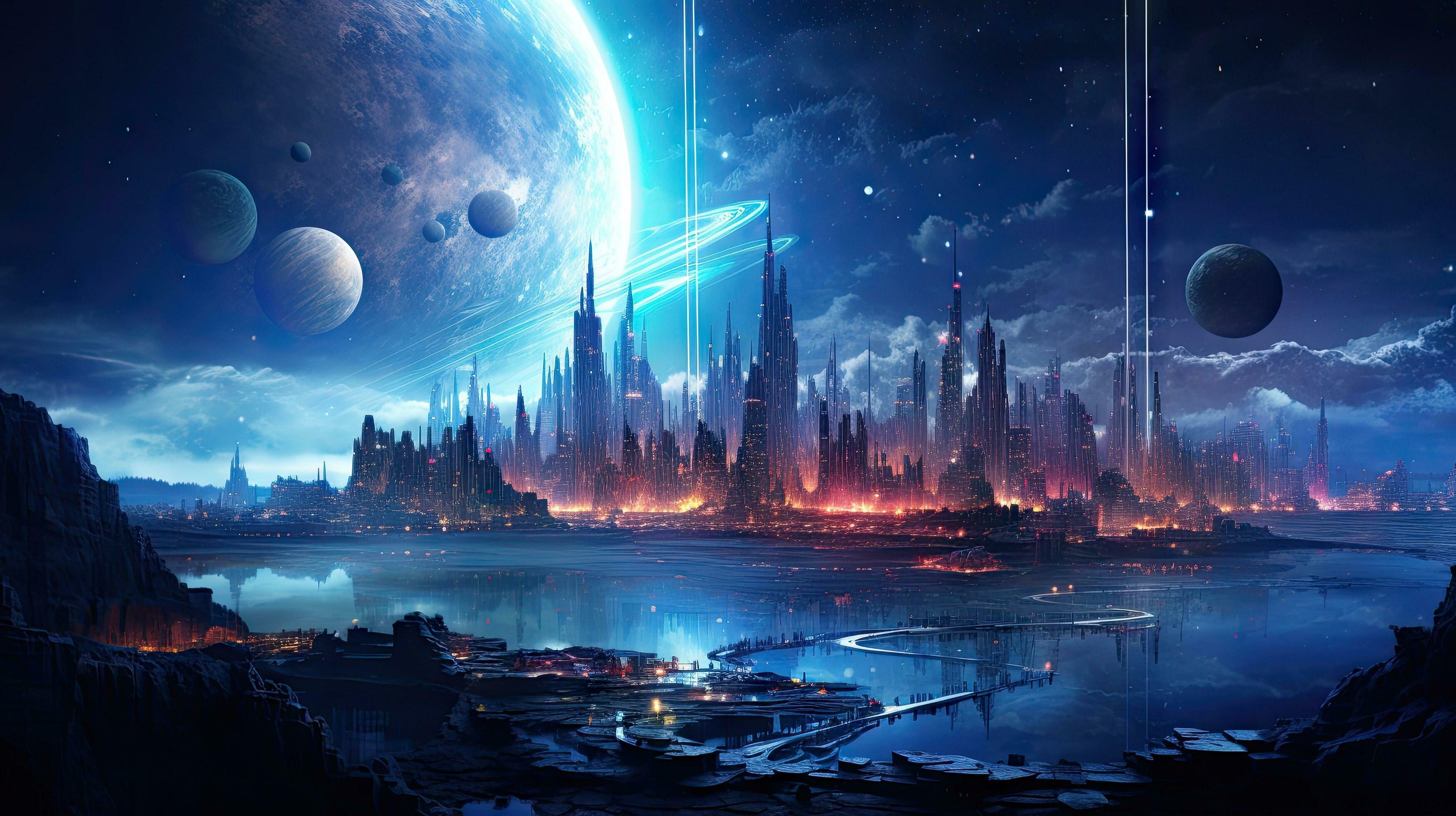 Stars, planets, fantasy landscapes of the future. Futuristic space sci ...