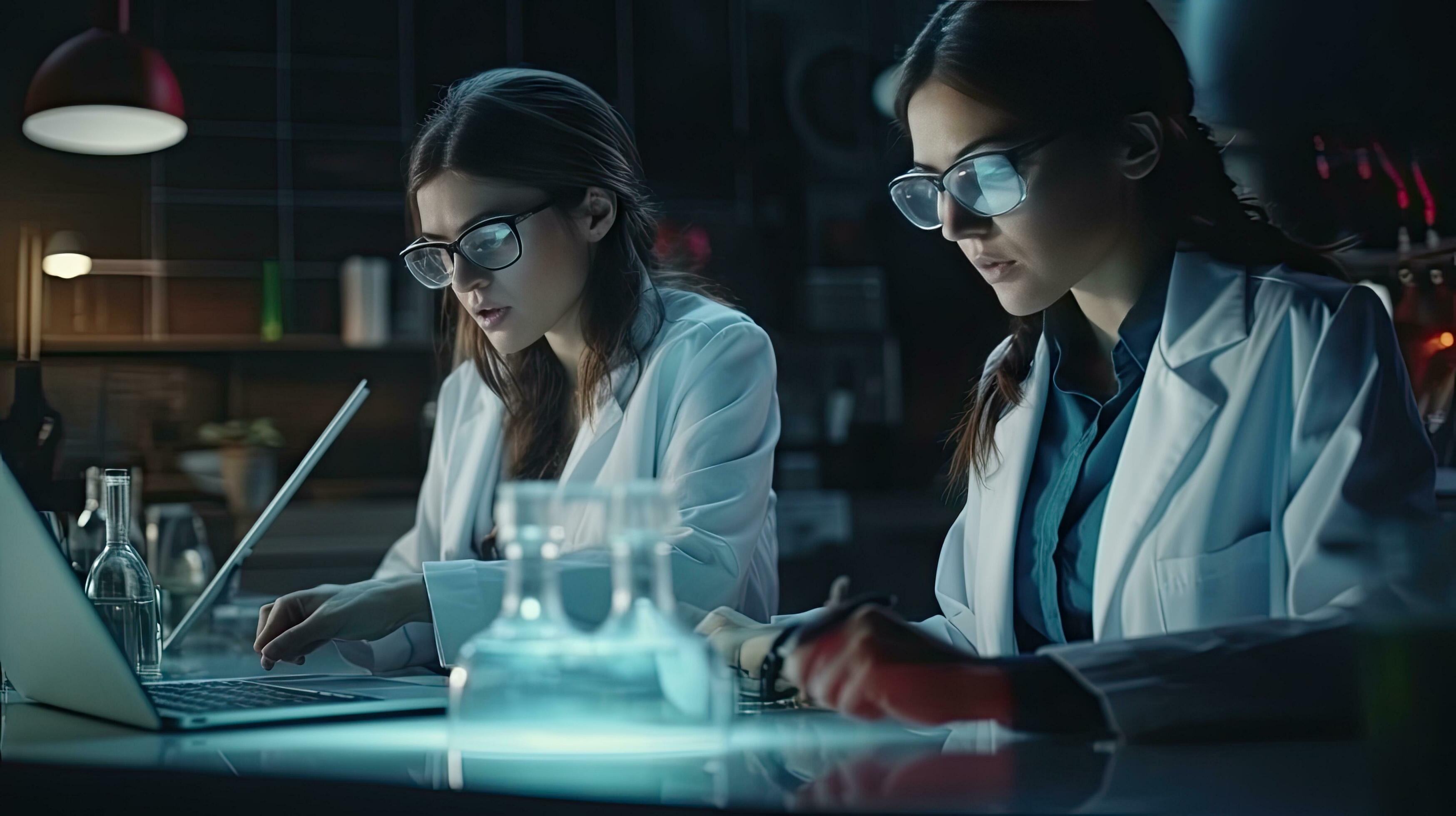 Two female scientists are using laptops in the laboratory. 29629763 ...