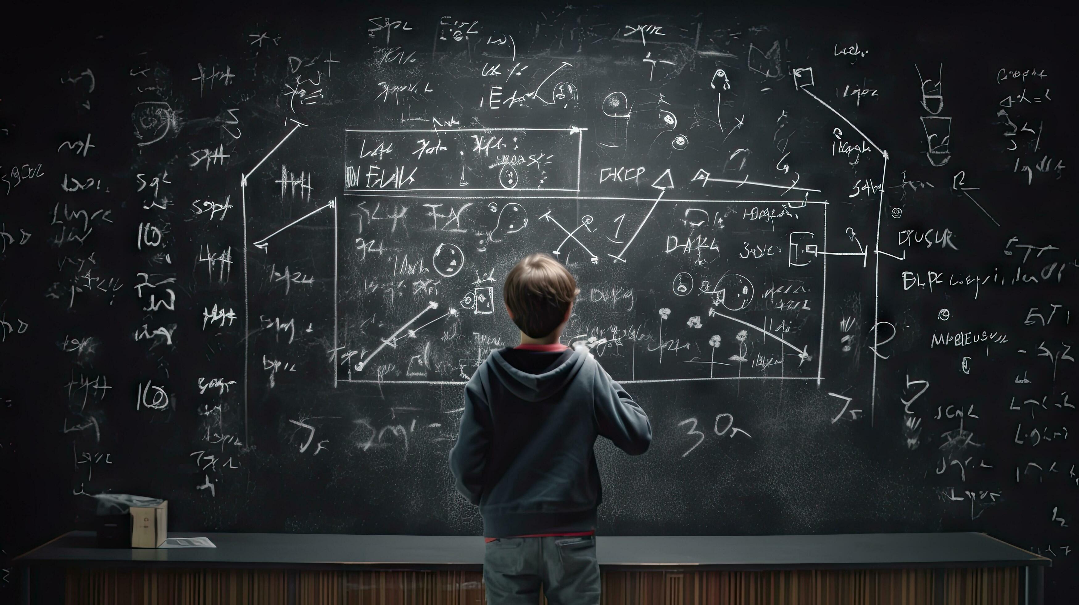 School children write math formulas on the blackboard. Asian primary ...