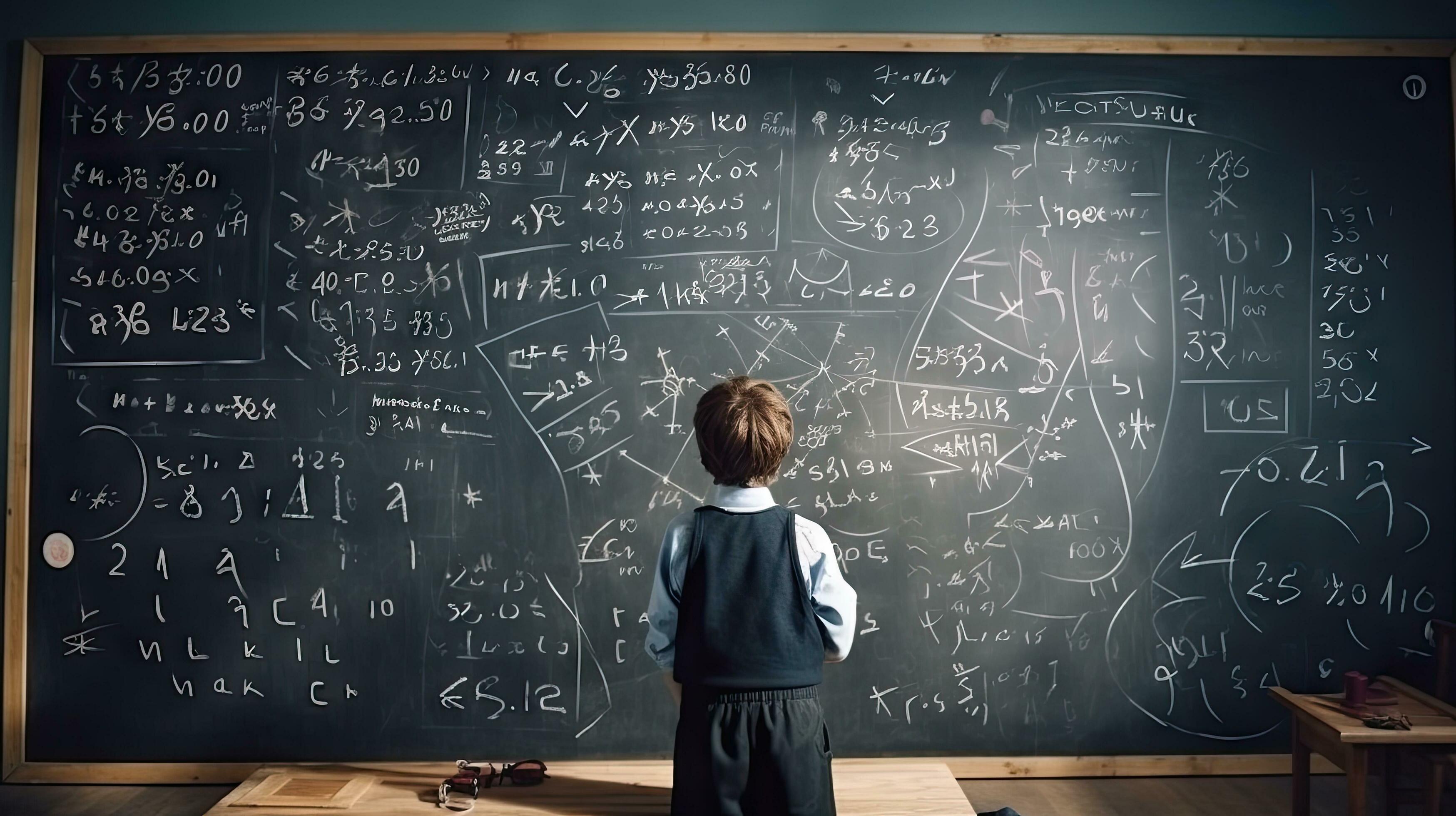 School children write math formulas on the blackboard. Asian primary ...