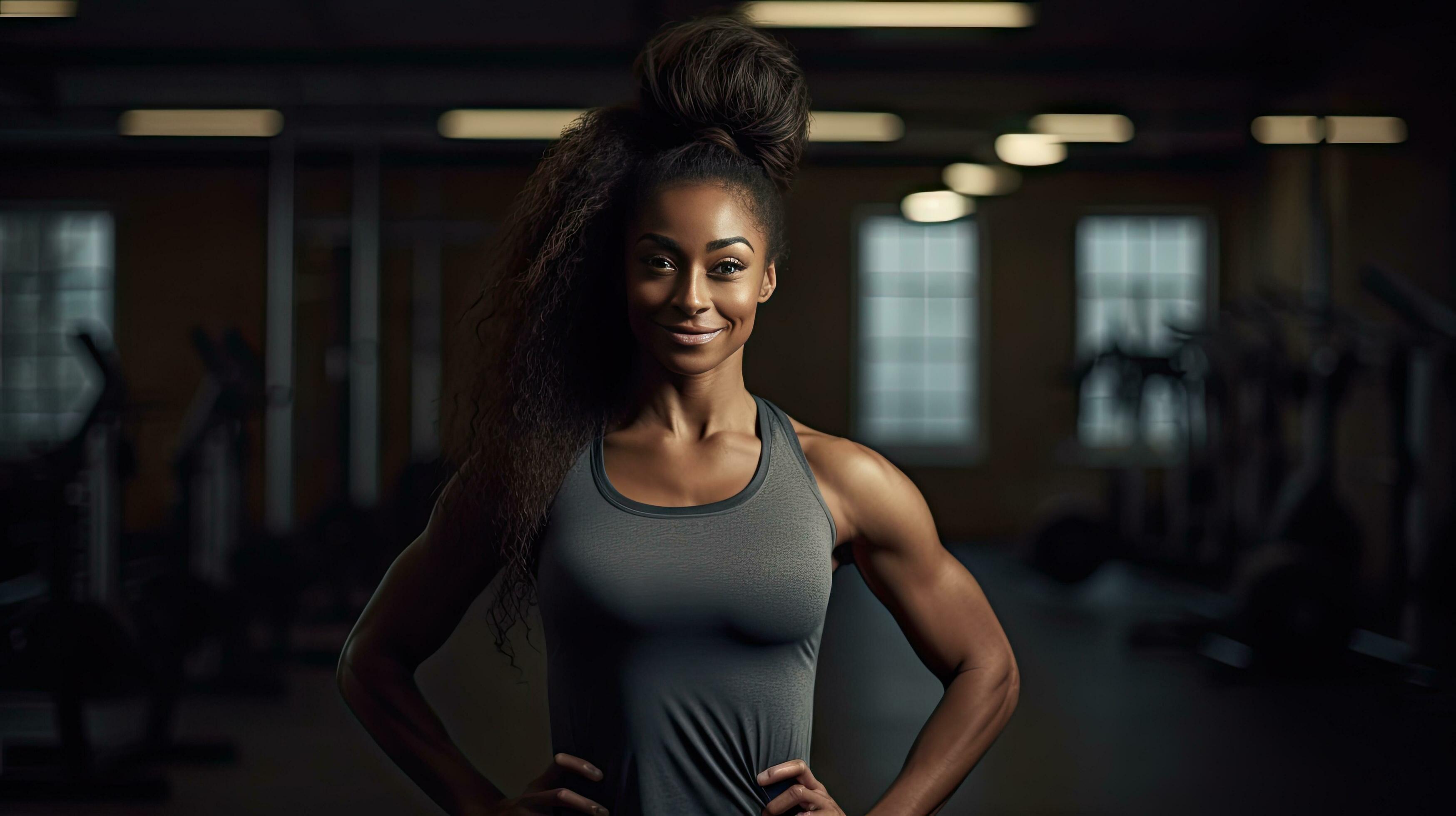 Black woman fitness, beautiful Afro-American woman with curly hair in the gym African fitness ...