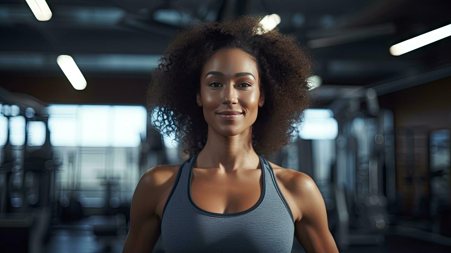 Black woman fitness, beautiful Afro-American woman with curly hair in the gym African fitness ...
