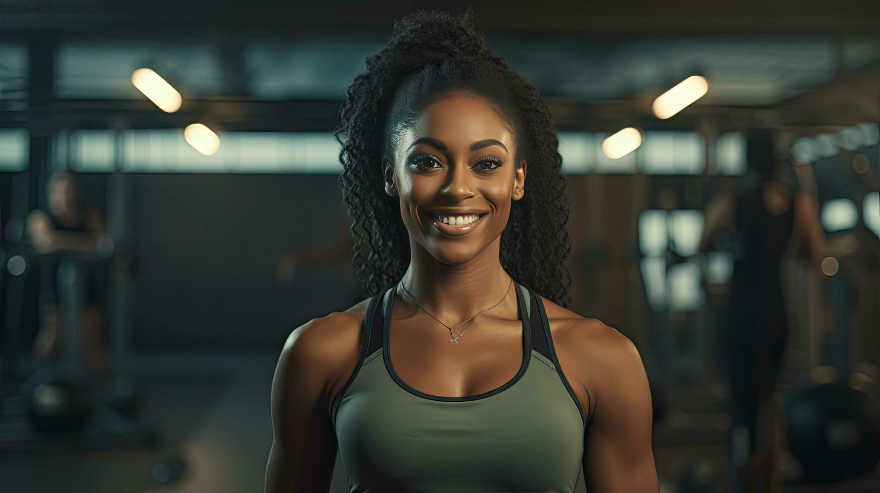 Black woman fitness, beautiful Afro-American woman with curly hair in the gym African fitness ...