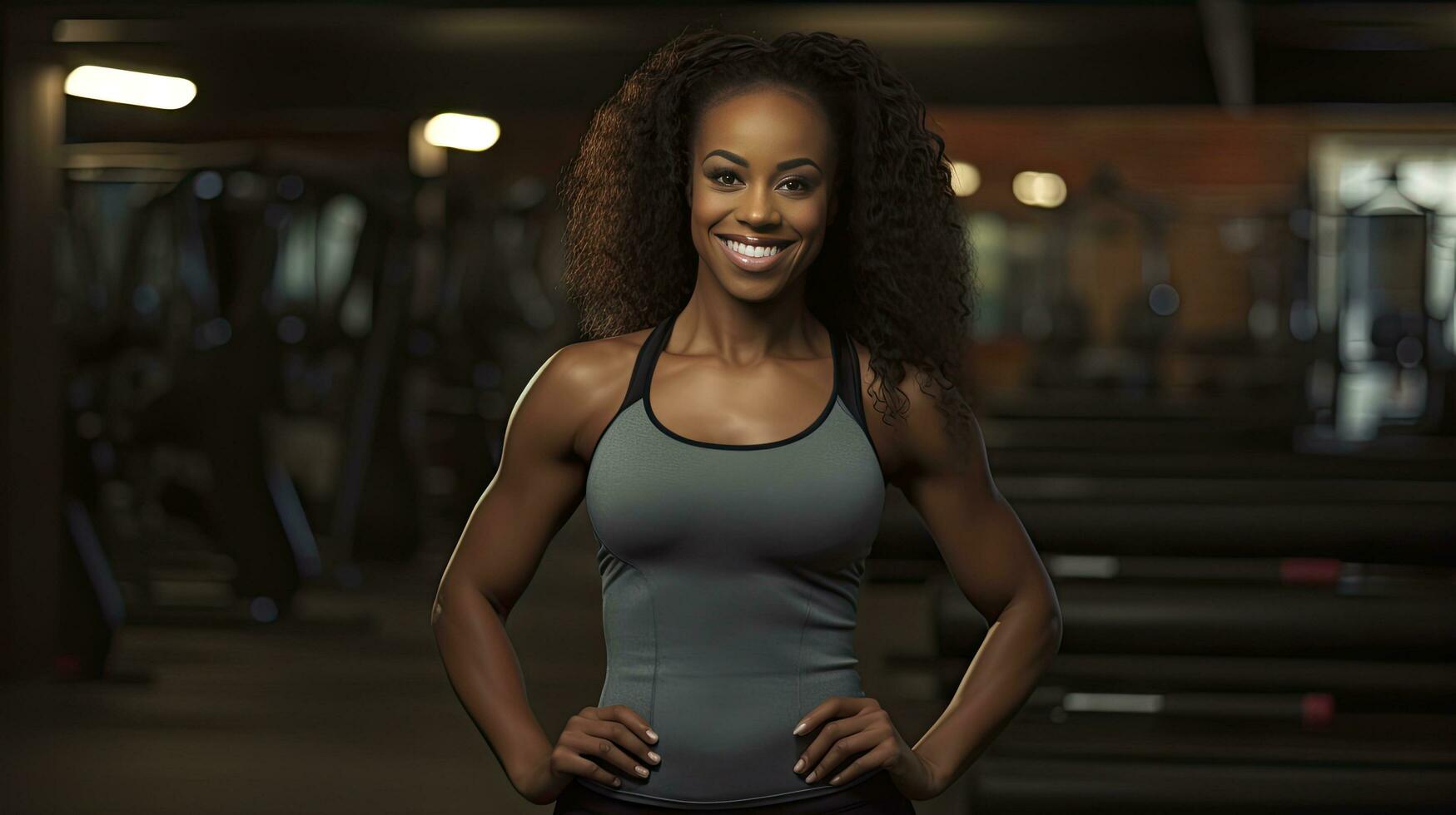 Black woman fitness, beautiful Afro-American woman with curly hair in the gym African fitness ...