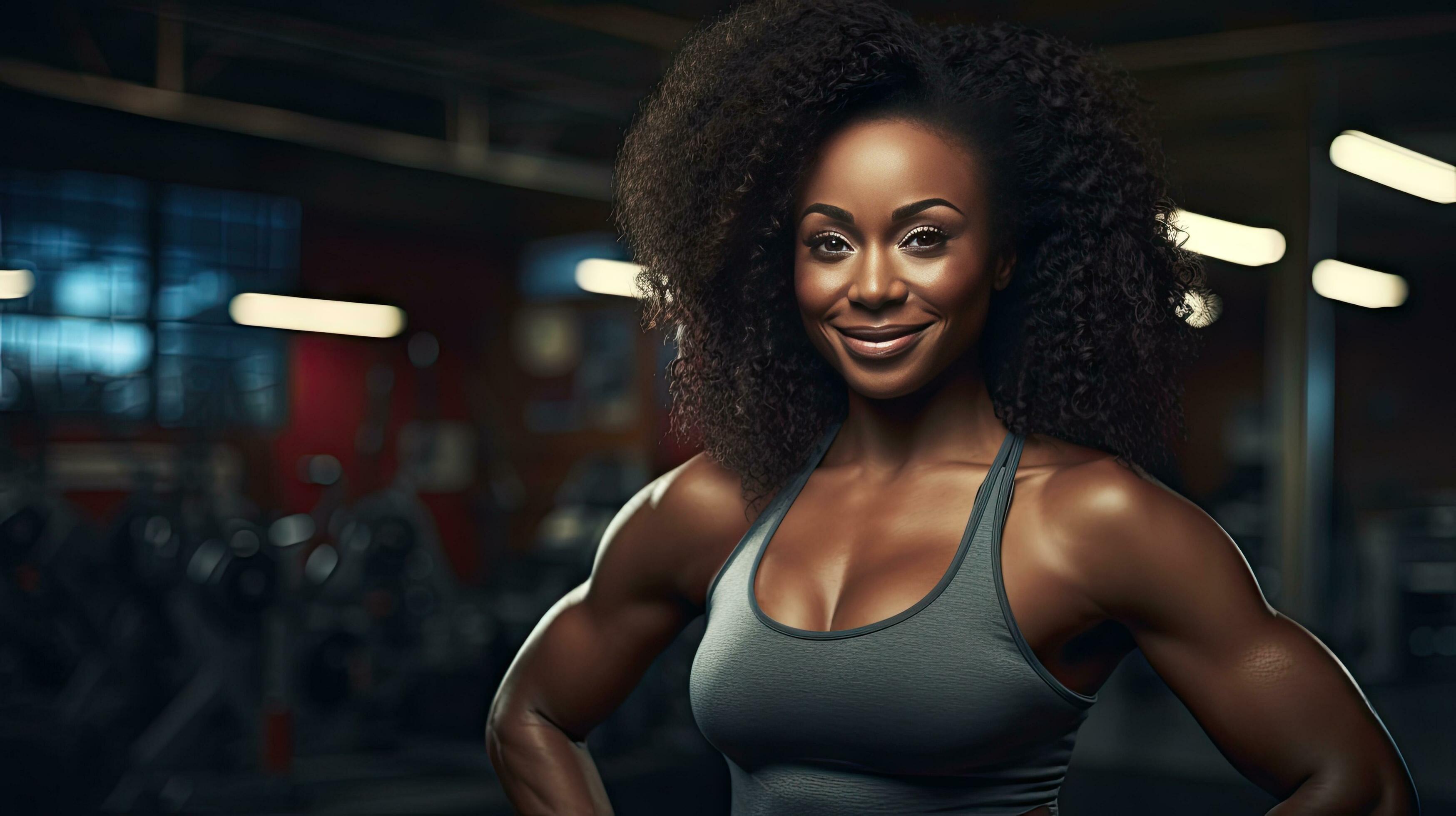 Black woman fitness, beautiful Afro-American woman with curly hair in the gym African fitness ...