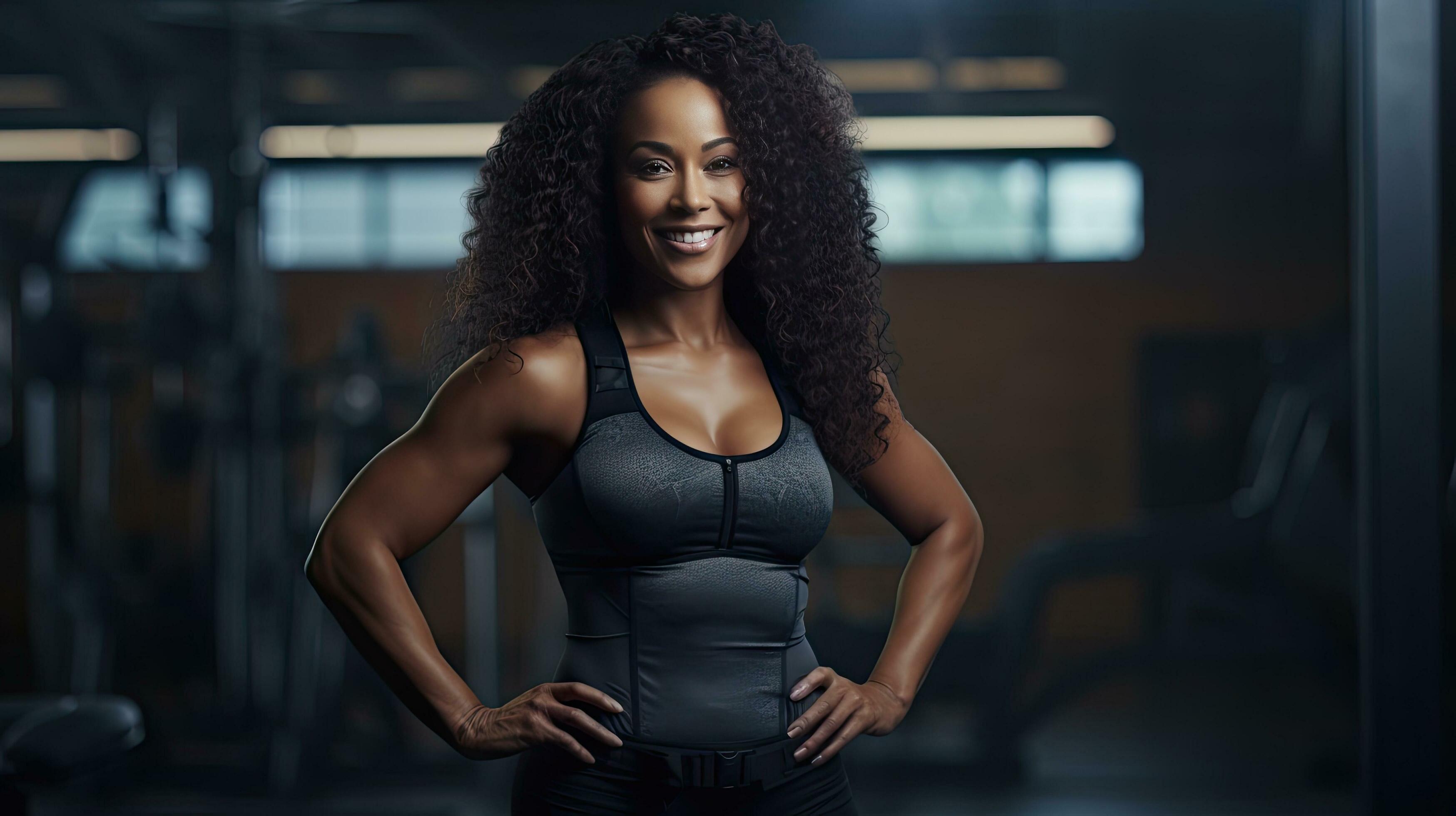 Black woman fitness, beautiful Afro-American woman with curly hair in the gym African fitness ...