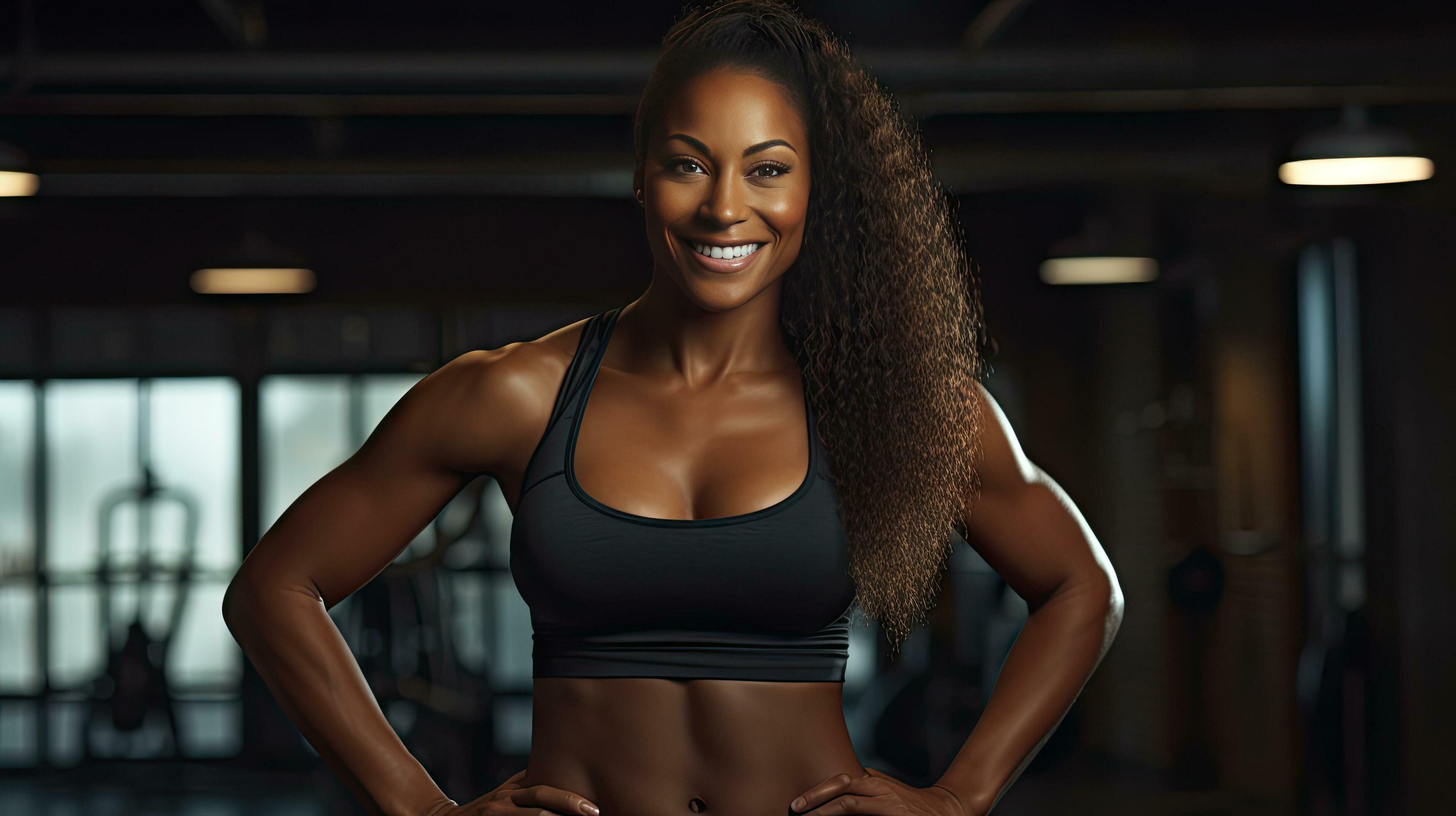 Black woman fitness, beautiful Afro-American woman with curly hair in the gym African fitness ...
