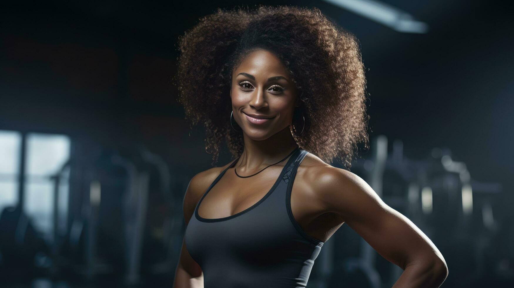 Black Woman Fitness Beautiful Afro American Woman With Curly Hair In The Gym African Fitness