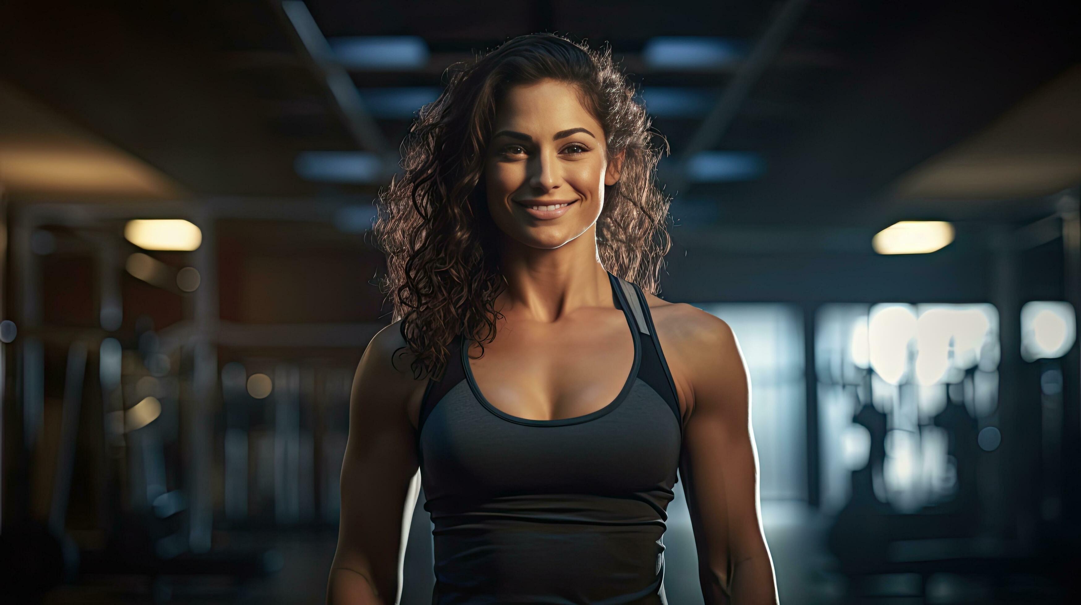 Black woman fitness, beautiful Afro-American woman with curly hair in the gym African fitness ...