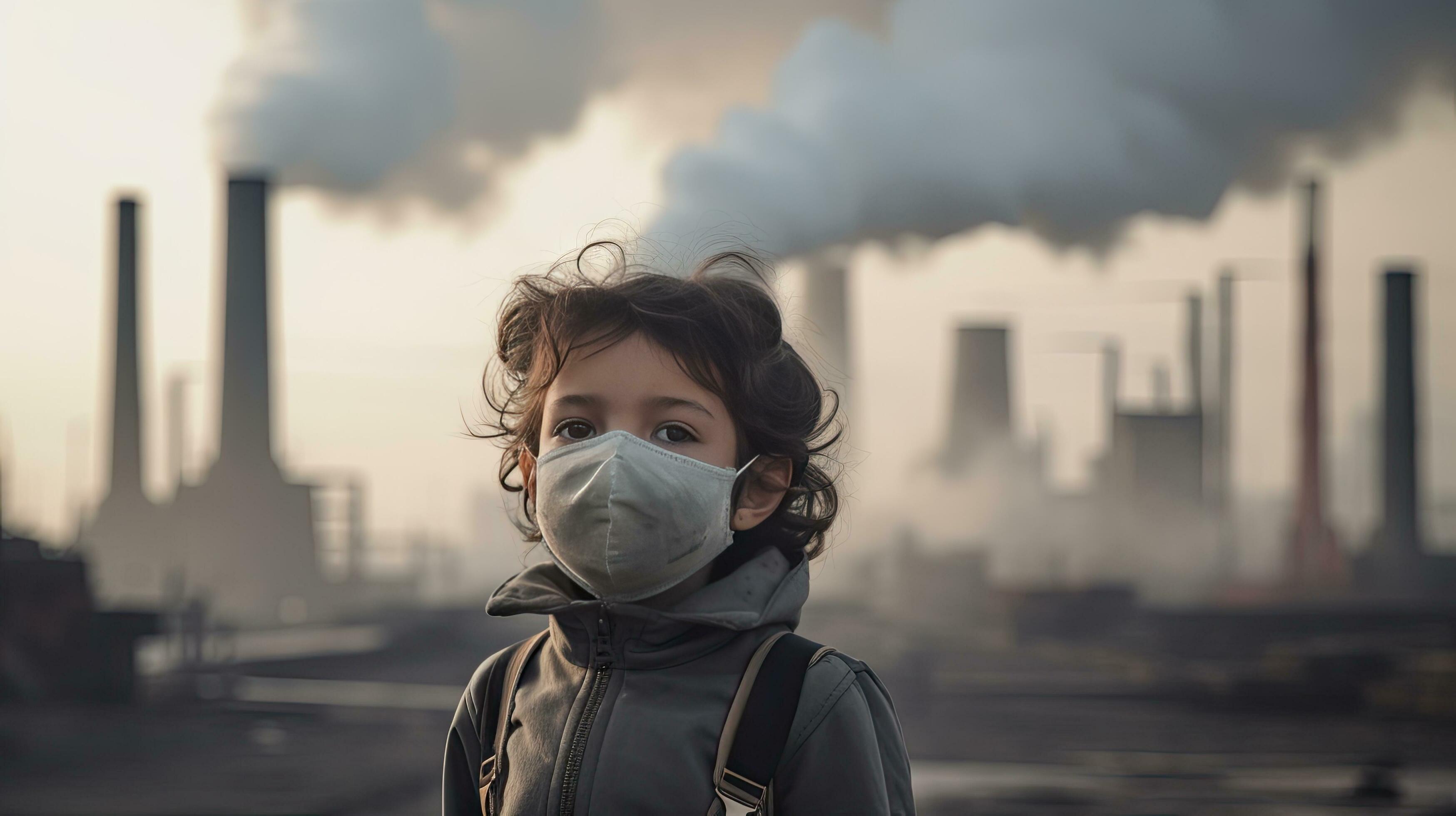 Children wearing masks to prevent air pollution Behind is the factory smokestack. 29632811 Stock ...