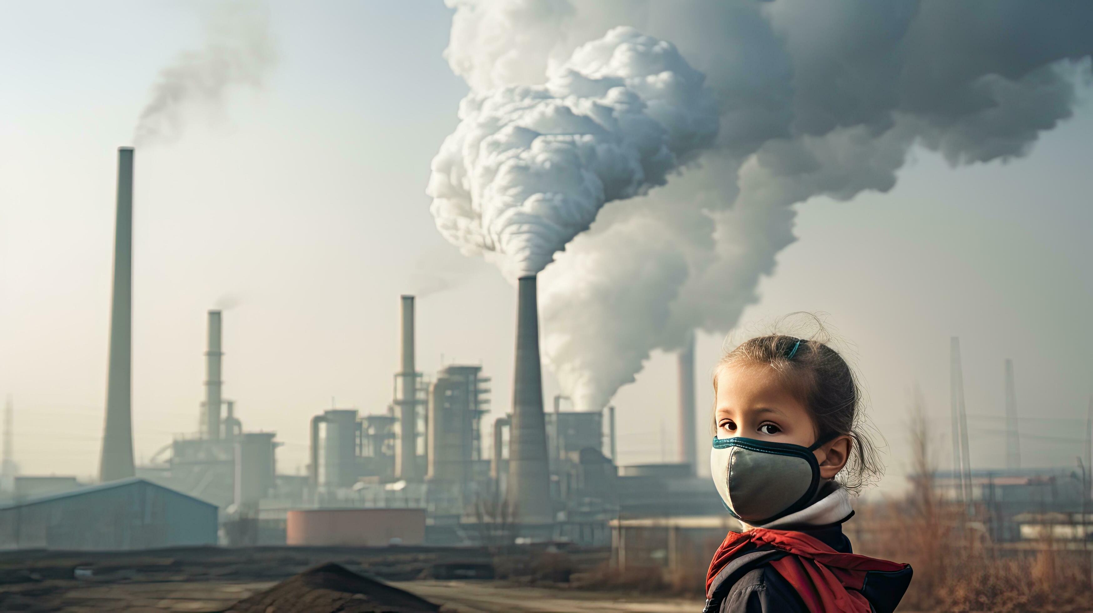 Children wearing masks to prevent air pollution Behind is the factory smokestack. 29632814 Stock ...
