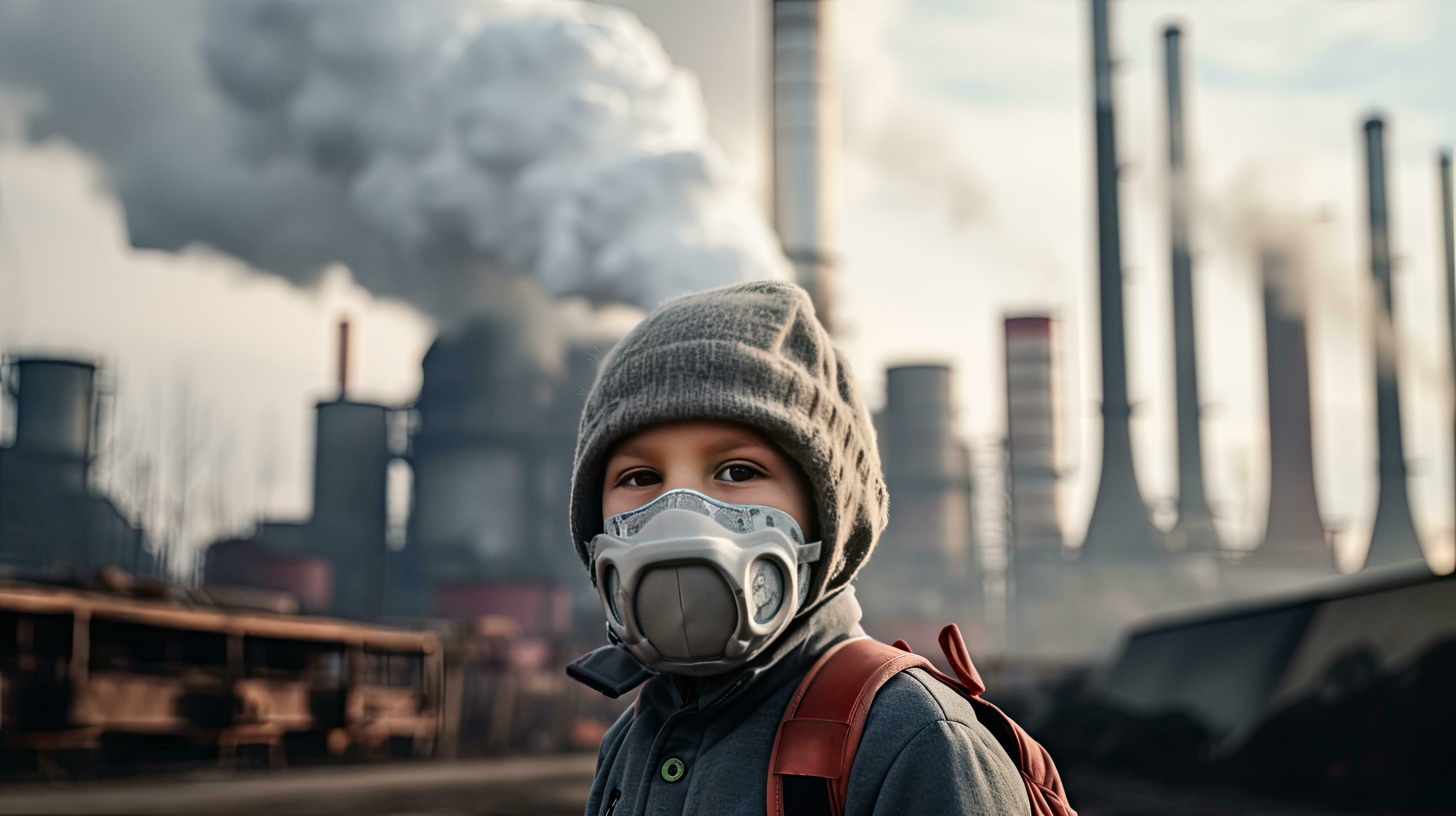 Children wearing masks to prevent air pollution Behind is the factory smokestack. 29632822 Stock ...