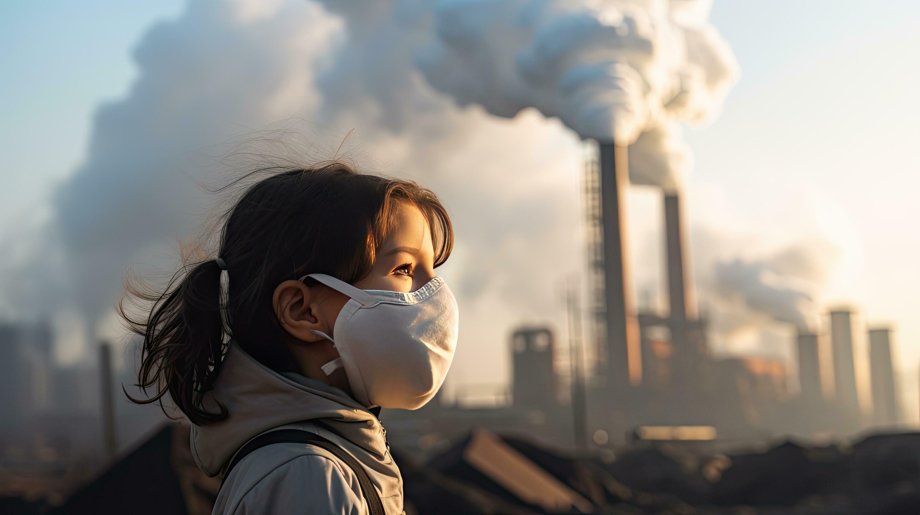 Children wearing masks to prevent air pollution Behind is the factory smokestack. 29632825 Stock ...