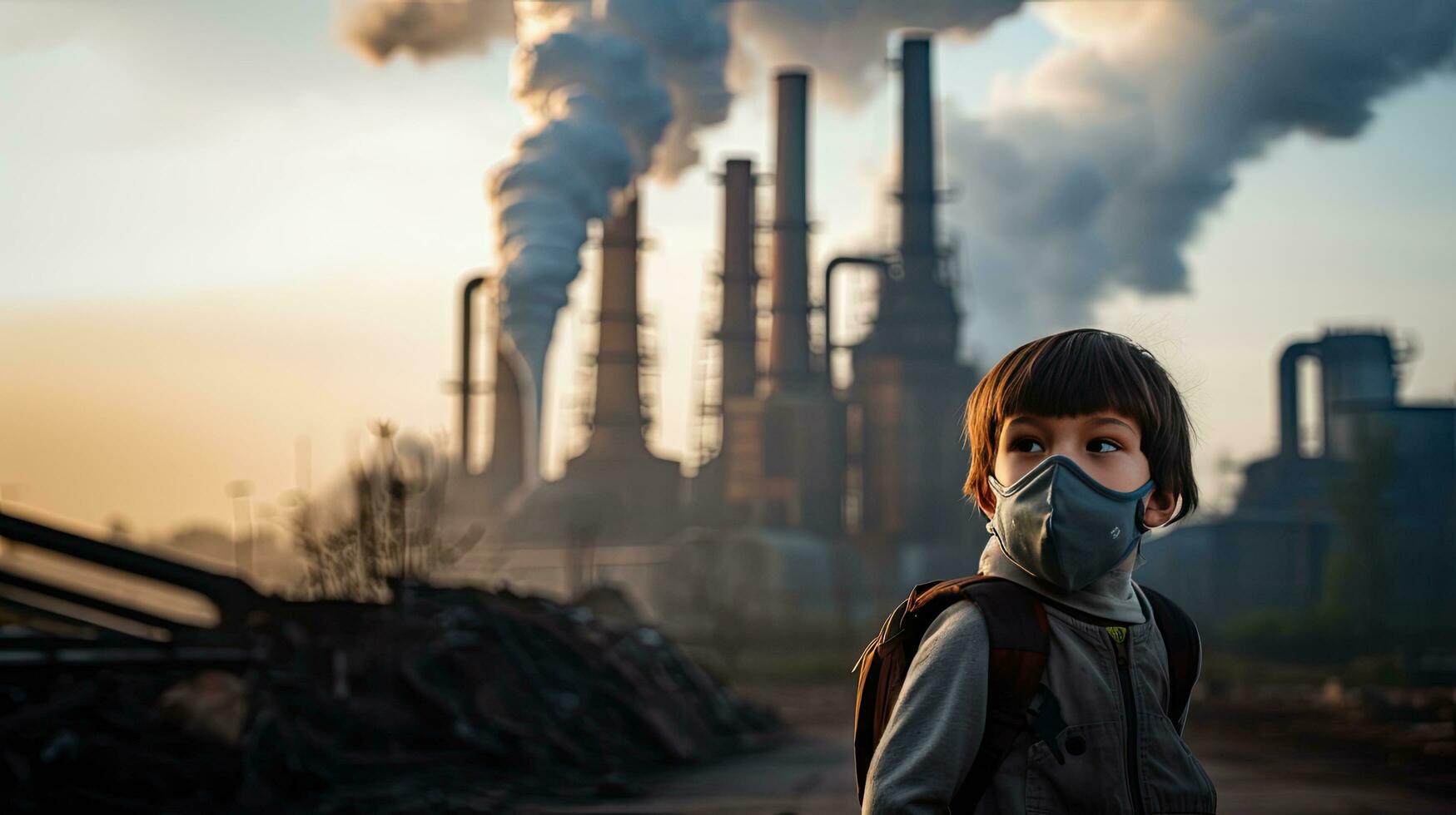 Children wearing masks to prevent air pollution Behind is the factory smokestack. 29632834 Stock ...