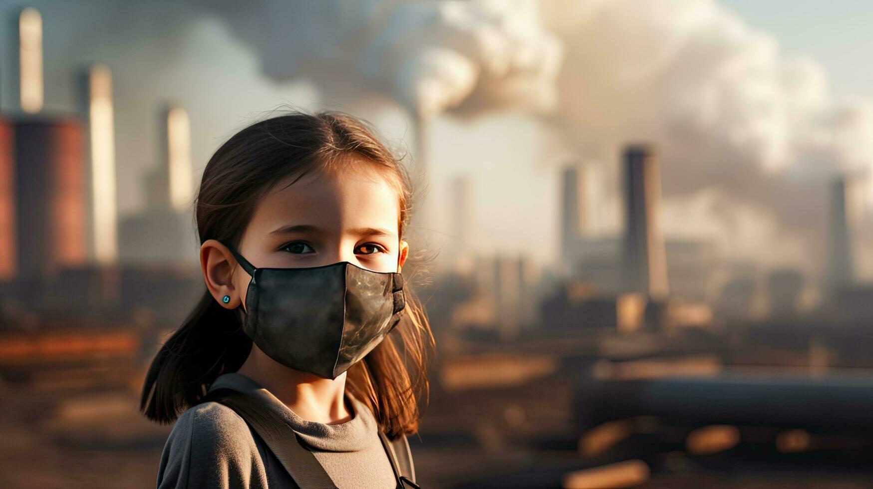 Children wearing masks to prevent air pollution Behind is the factory smokestack. 29632835 Stock ...