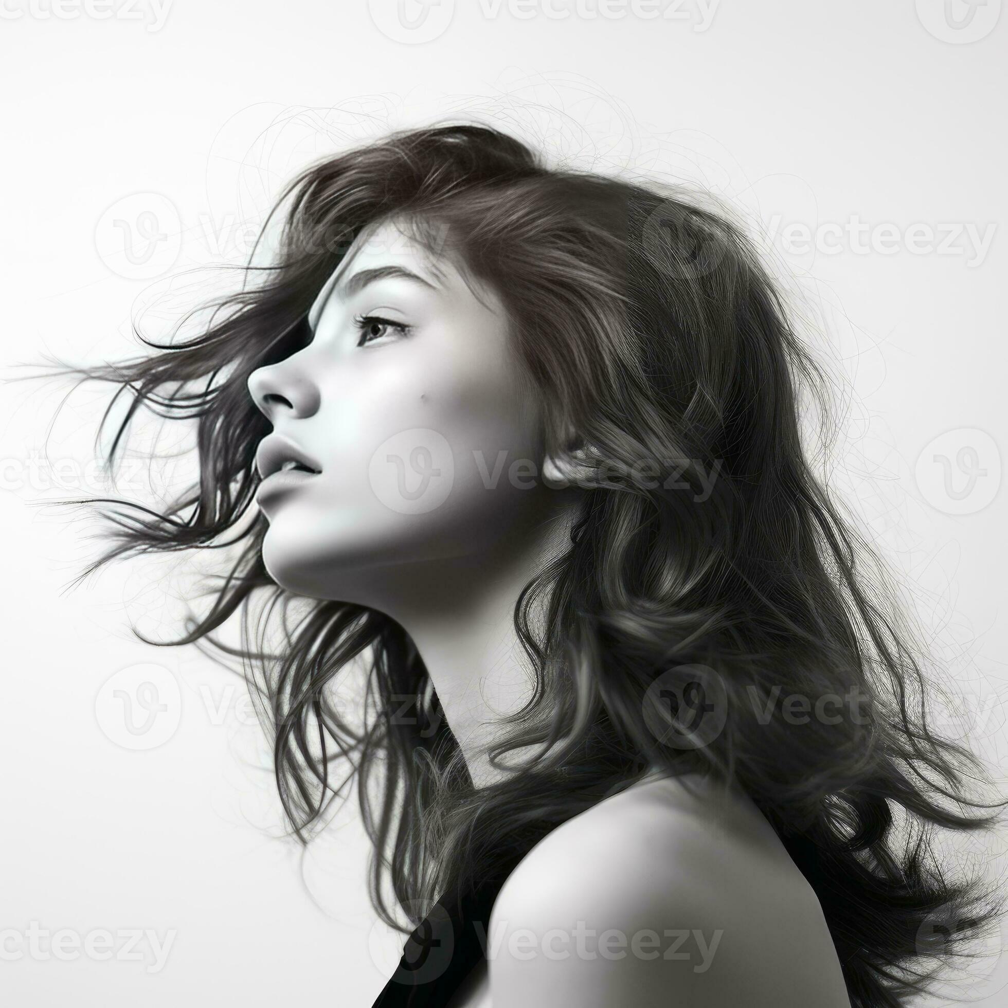 side view of girl face on white background black and white portrait ... side view of girl face on white background black and white portrait ...