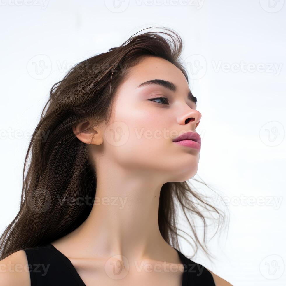 side view of girl face closeup shot on white background generative AI ...