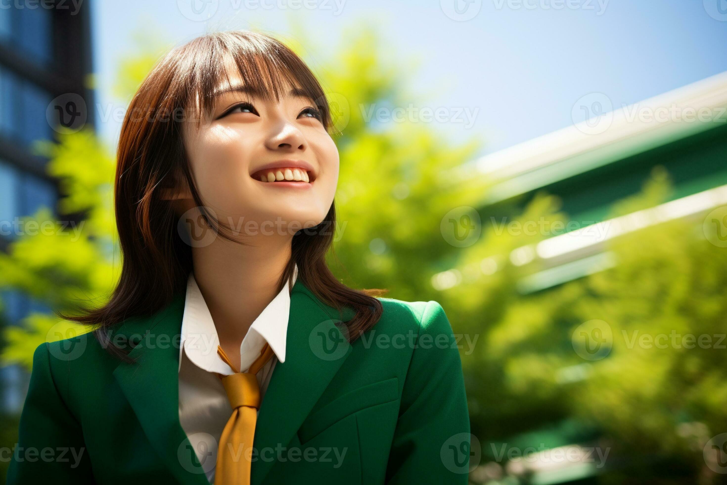 Photo Of A Young Japanese Office Lady Smiling In Green Office Cloth Generative Ai 29641675 Stock