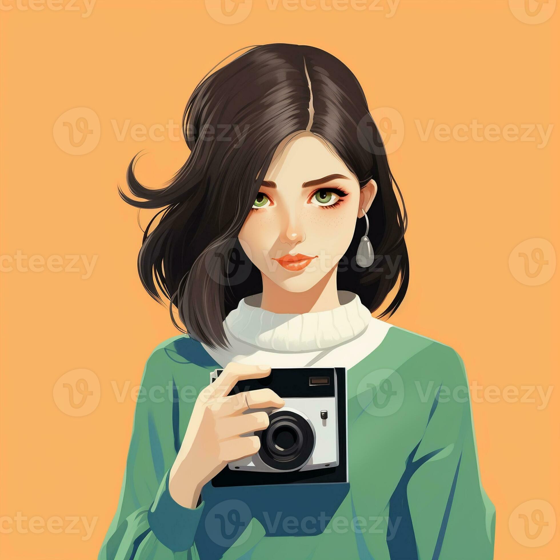 A Cartoon Anime Girl Holding A Polaroid Camera On Green Background Generative Ai 29641852 Stock