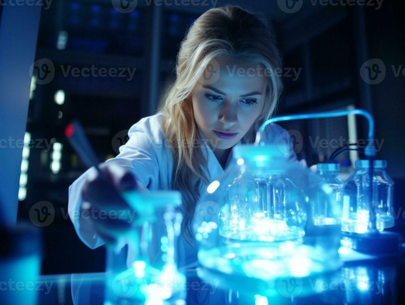 Female scientist conducting experiments in a high tech lab AI ... Female scientist conducting experiments in a high tech lab AI ...