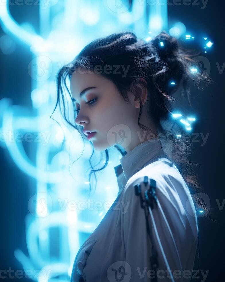 a woman with glowing lights in front of her generative ai 29683263 ...