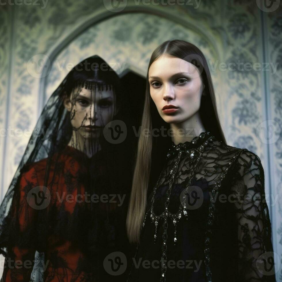 Two Women In Black And Red Dresses Standing Next To Each Other Generative Ai 29685391 Stock