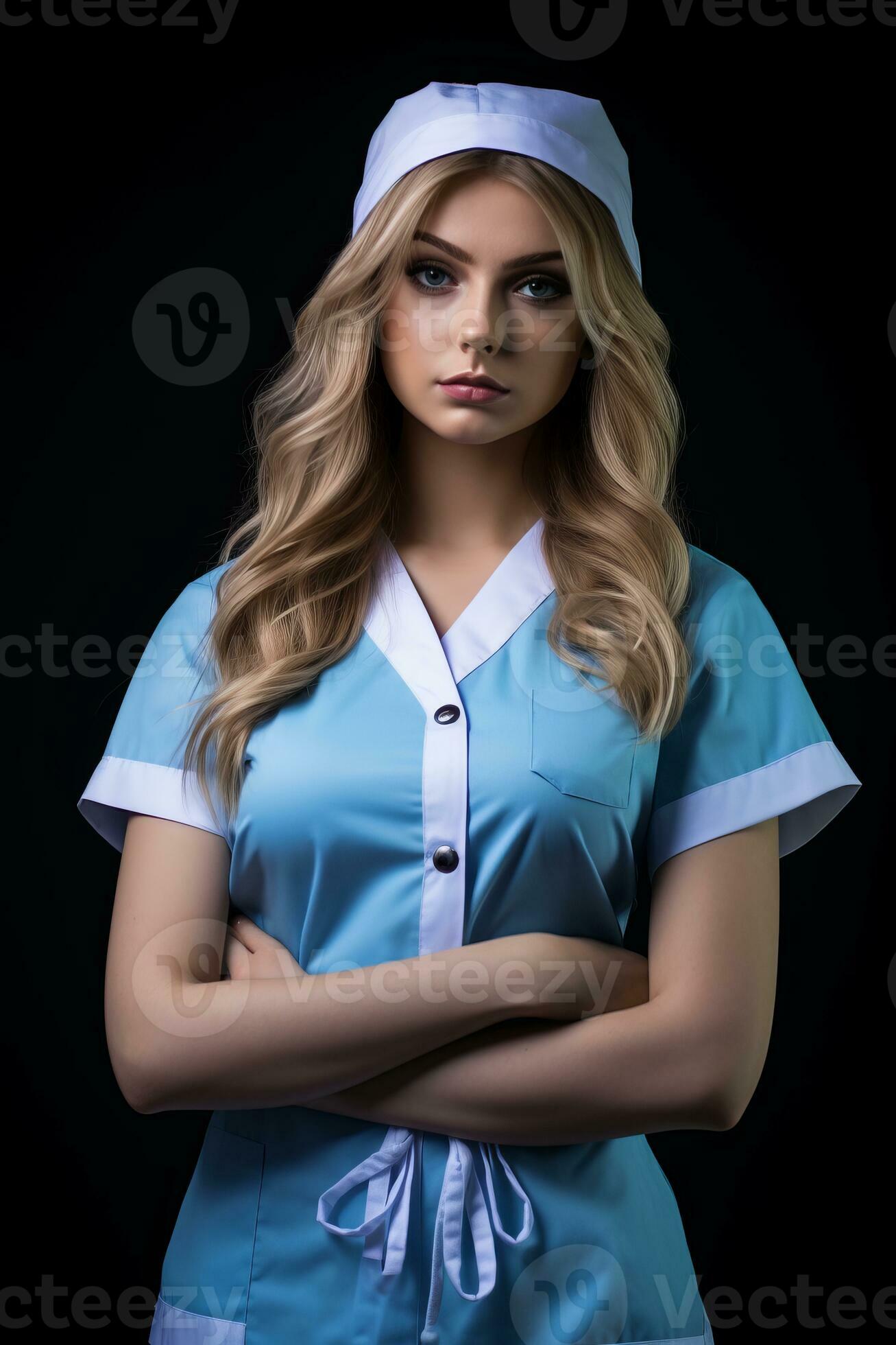 A Beautiful Young Woman In A Nurse Uniform Standing In Front Of A Black