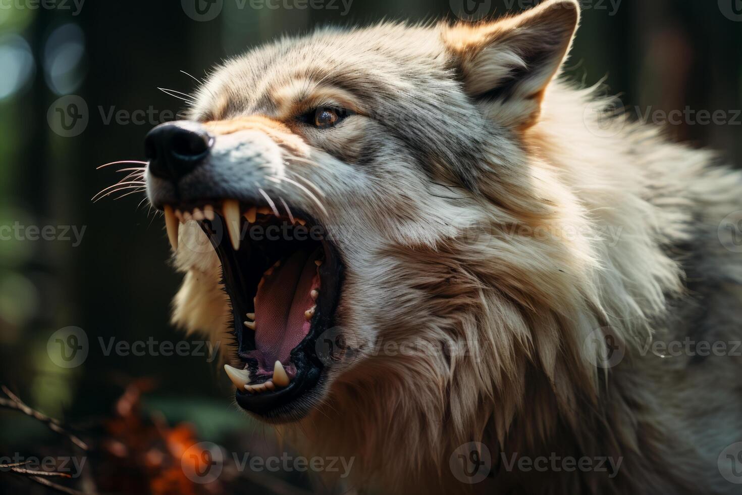 an angry wolf with its mouth open in the woods generative ai 29691495 Stock Photo at Vecteezy