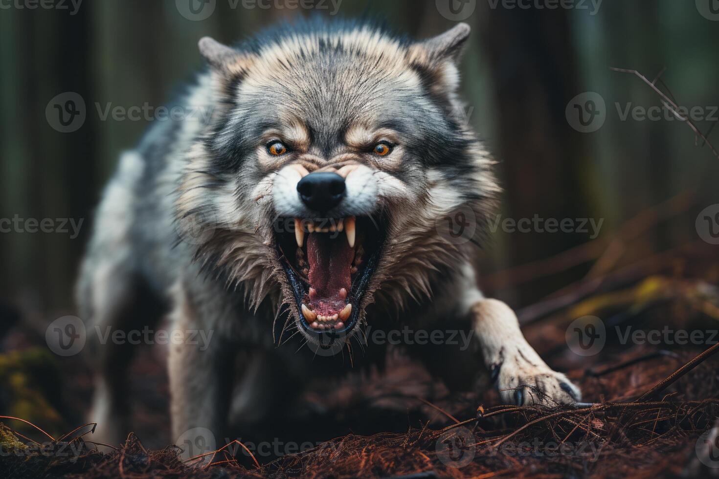an angry wolf with its mouth open in the woods generative ai 29691504 Stock Photo at Vecteezy
