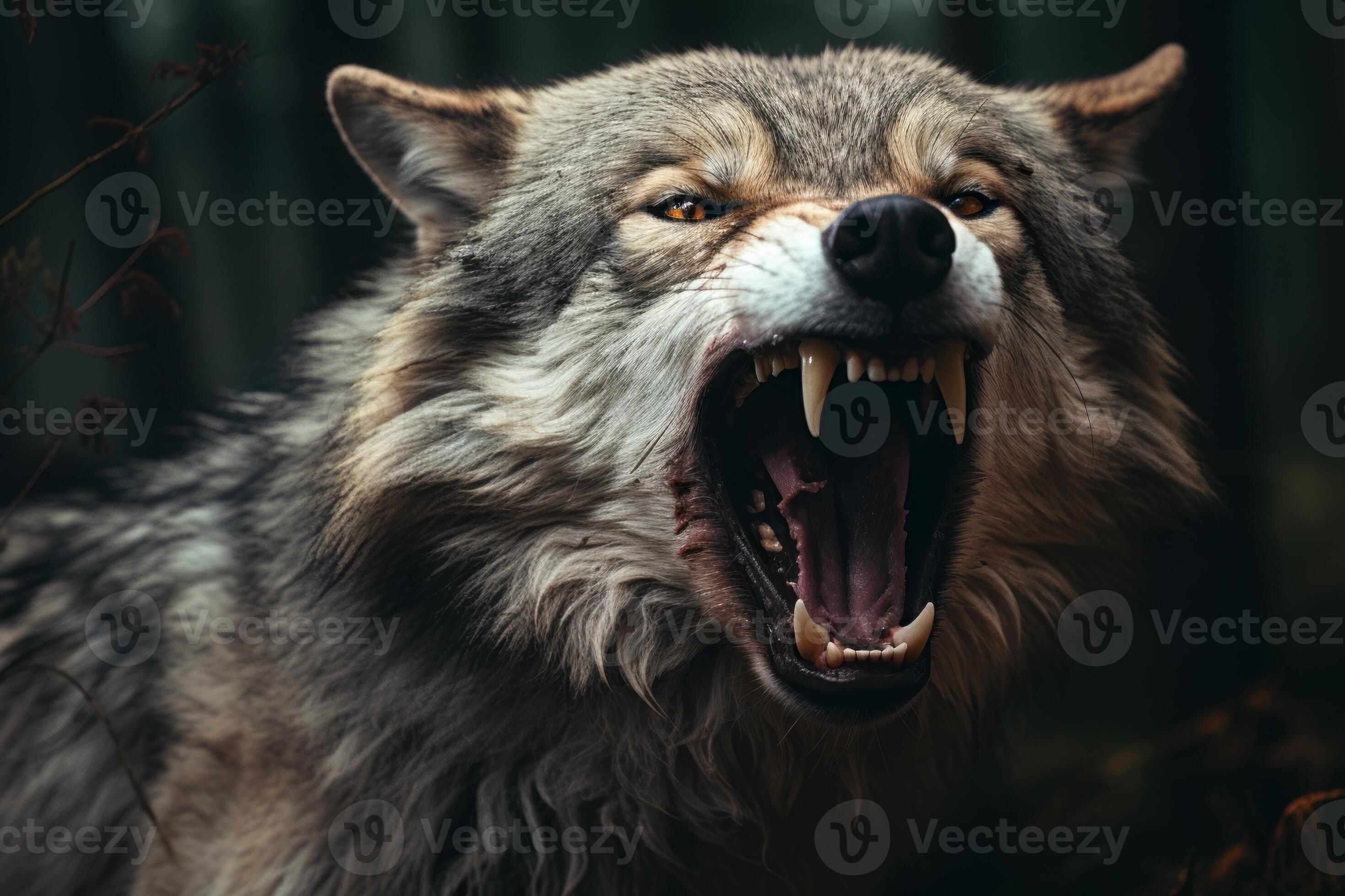 an angry wolf with its mouth open in the woods generative ai 29691514 Stock Photo at Vecteezy