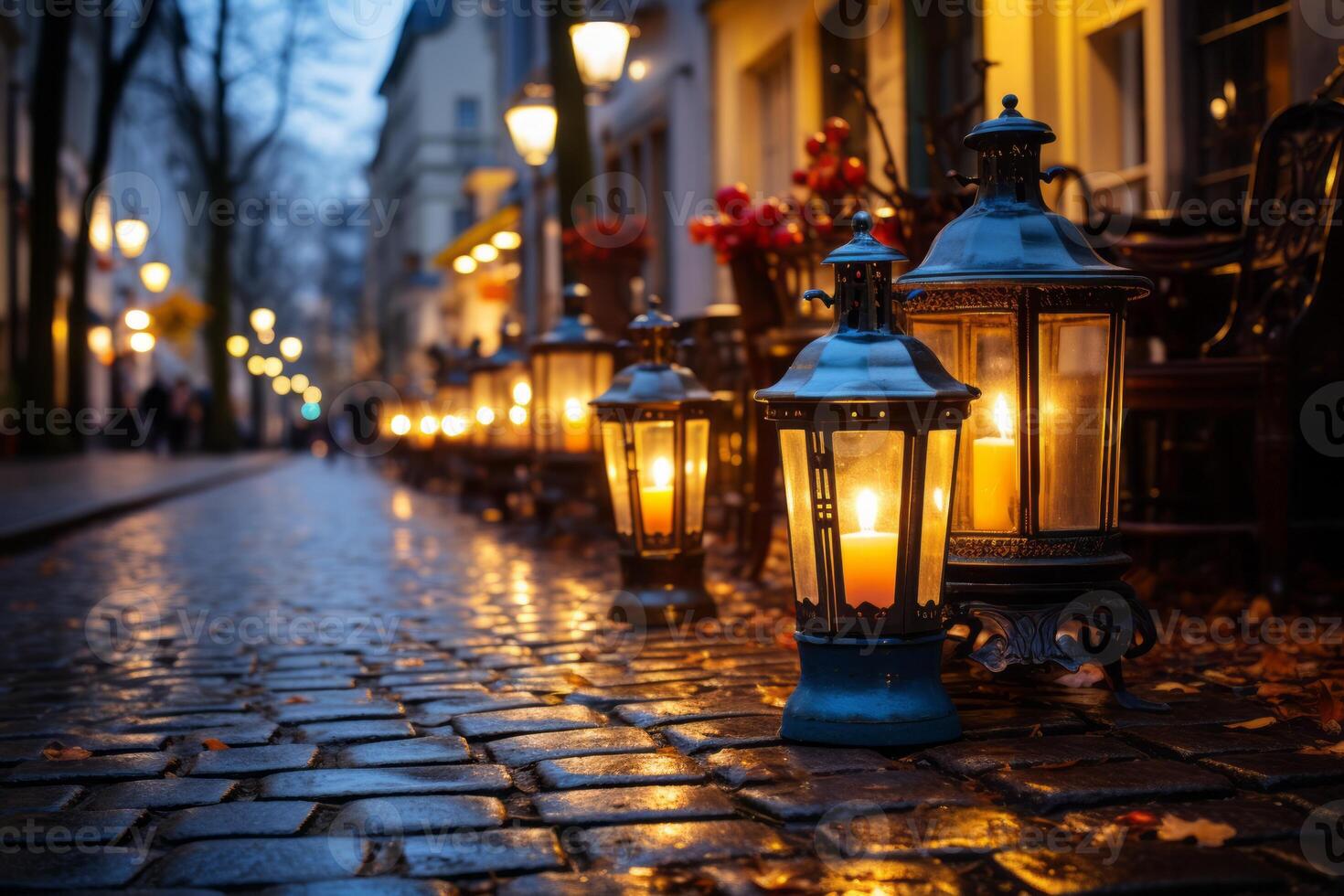 lanterns on a cobblestone street at night generative ai 29691829 Stock Photo at Vecteezy