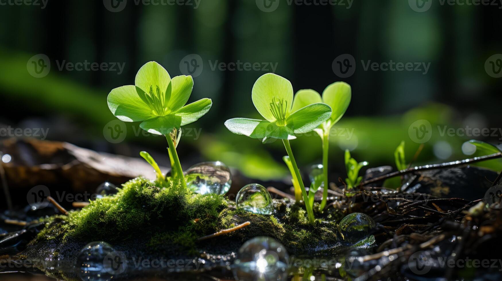 two green plants growing out of the ground in a forest generative ai ...