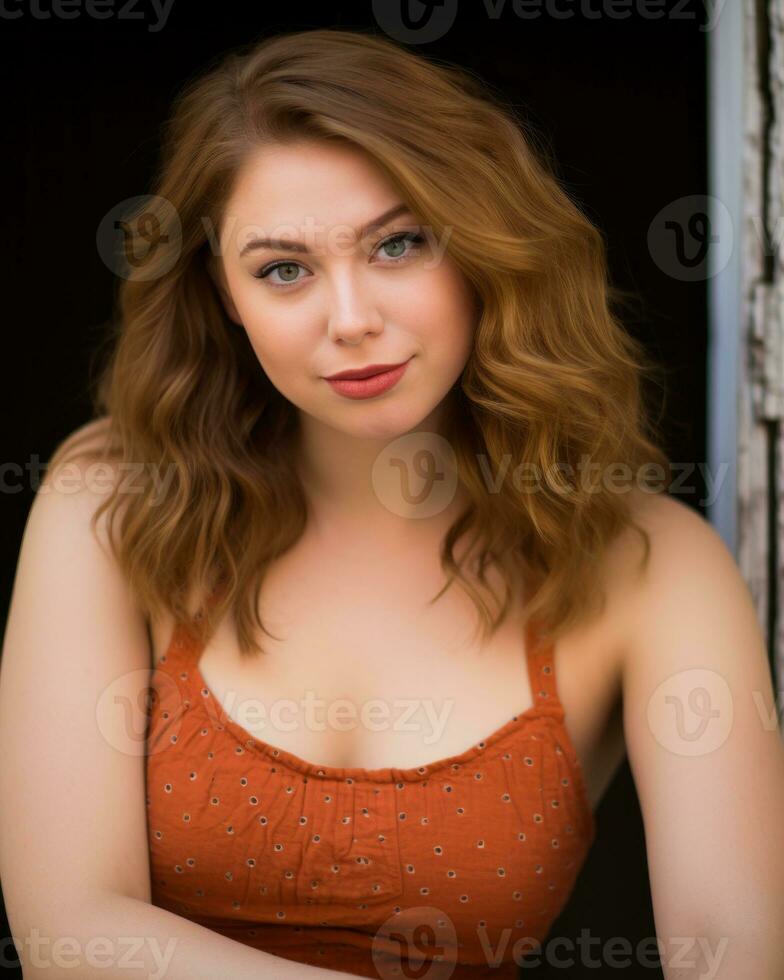 A Woman In An Orange Tank Top Posing For The Camera Generative Ai
