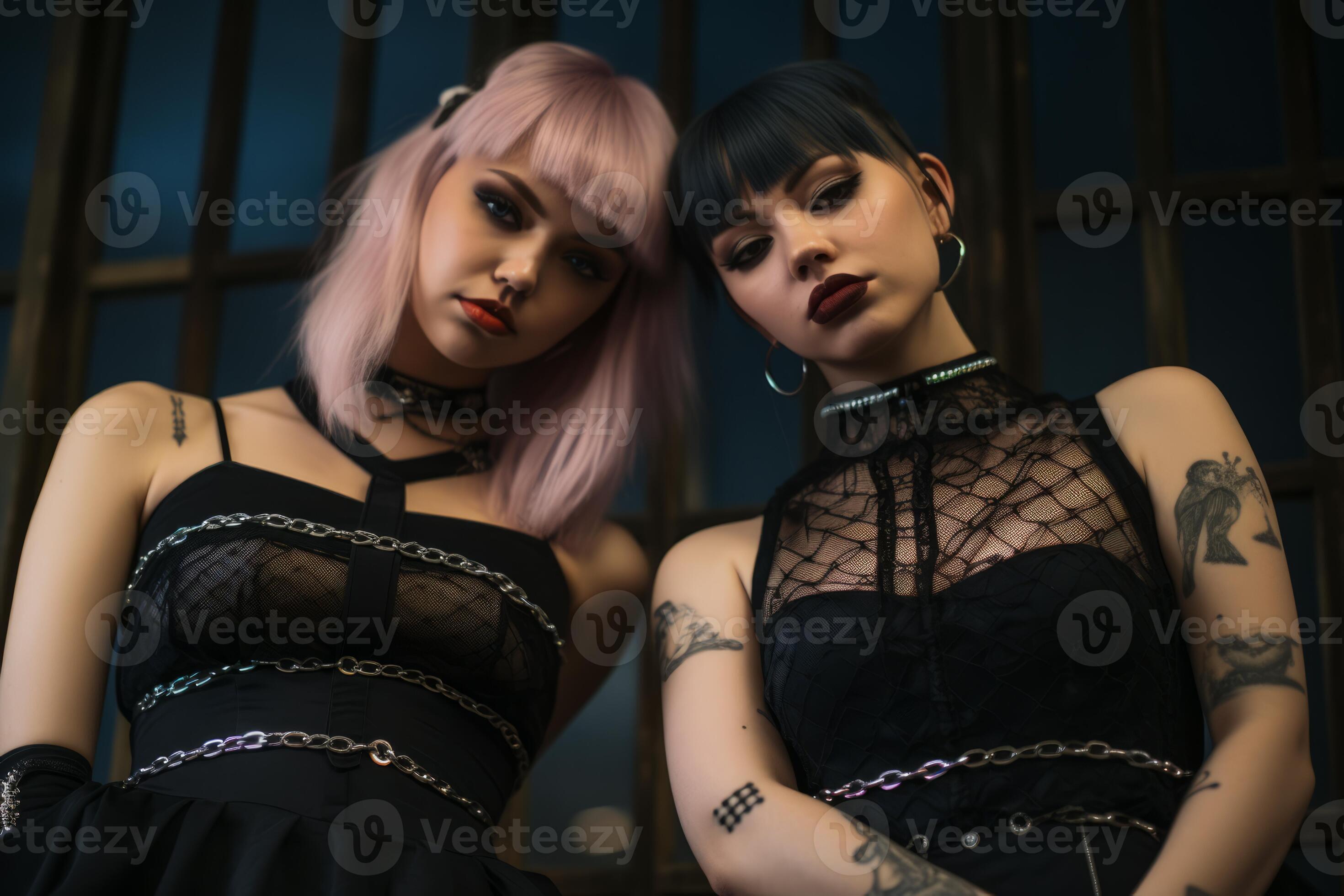two goth girls with tattoos and piercings posing for the camera generative ai 29693131 Stock ...