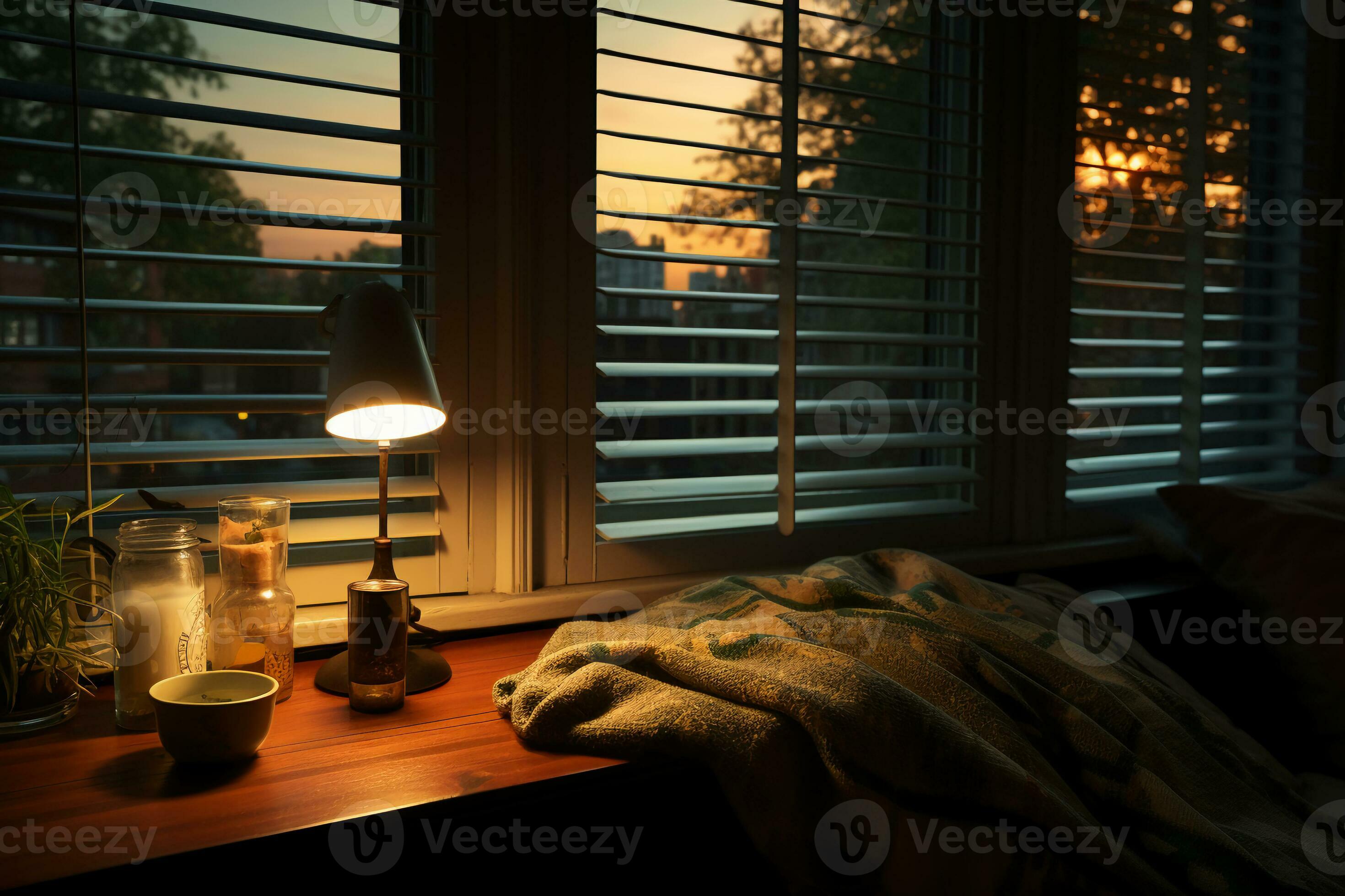 The Window Shade Is Pulled Down Halfway Allowing A Soft Diffused Light To Filter Into The Room