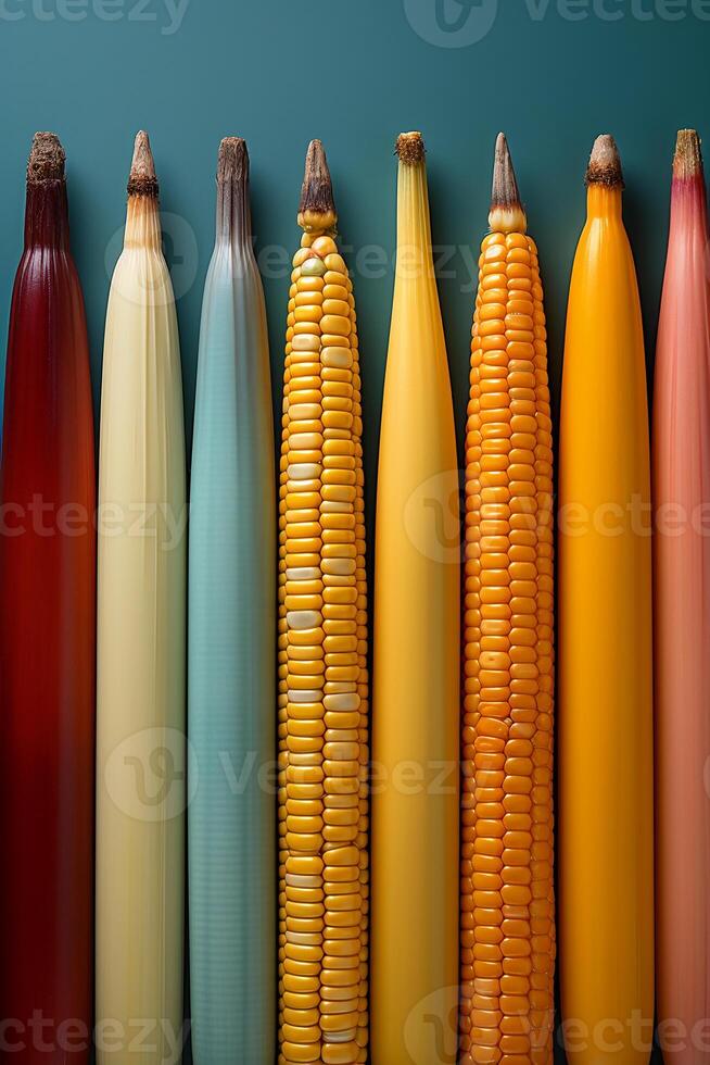 A row of colored pencils lined up against a blue background. AI generative 29706411 Stock Photo ...